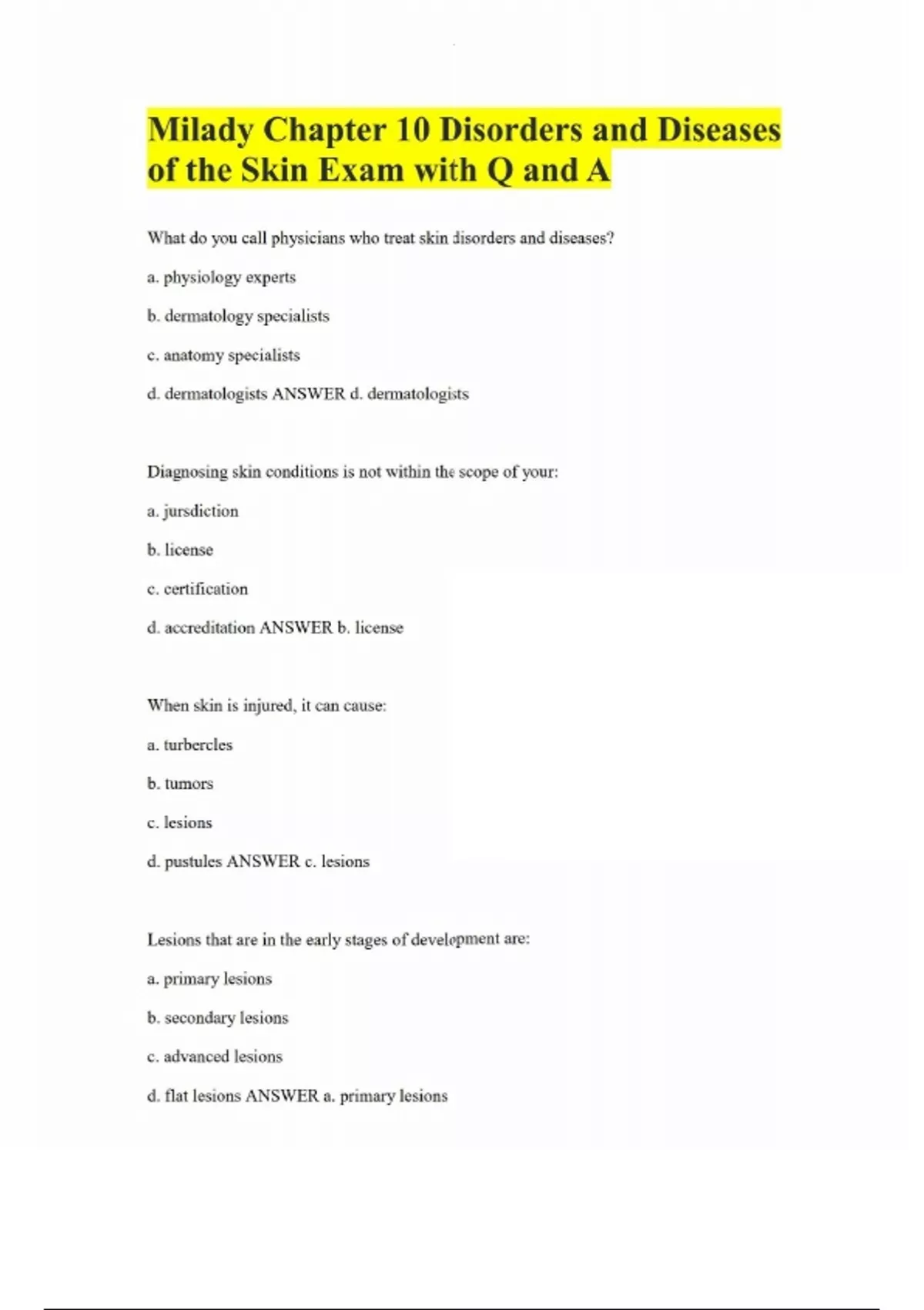 Milady Chapter 10 Disorders and Diseases of the Skin Exam with Q and A ...