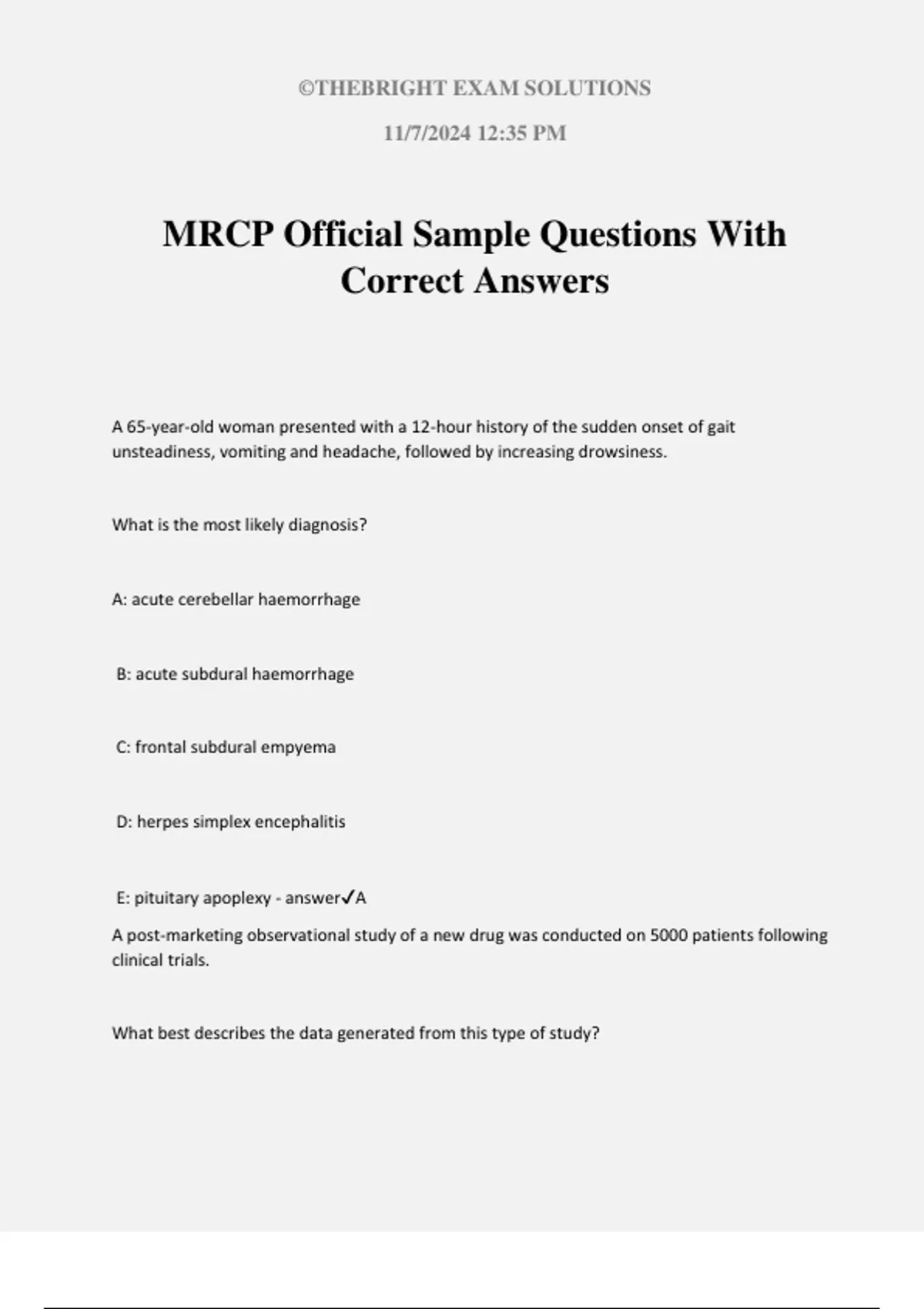 MRCP Official Sample Questions With Correct Answers - MRCP - Stuvia US