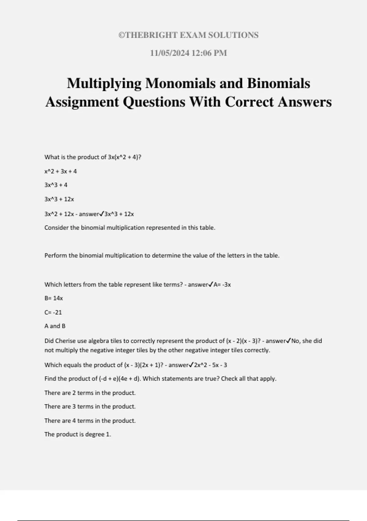 Multiplying Monomials and Binomials Assignment Questions With Correct ...