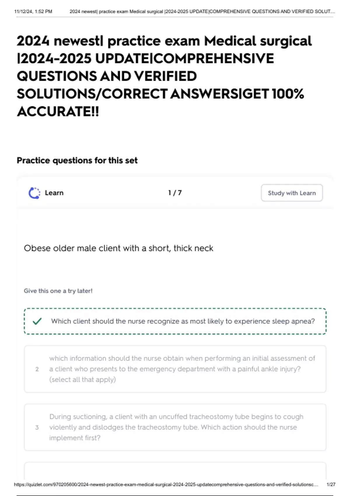 2024 newest| practice exam Medical surgical | UPDATE|COMPREHENSIVE QUESTIONS AND VERIFIED ...