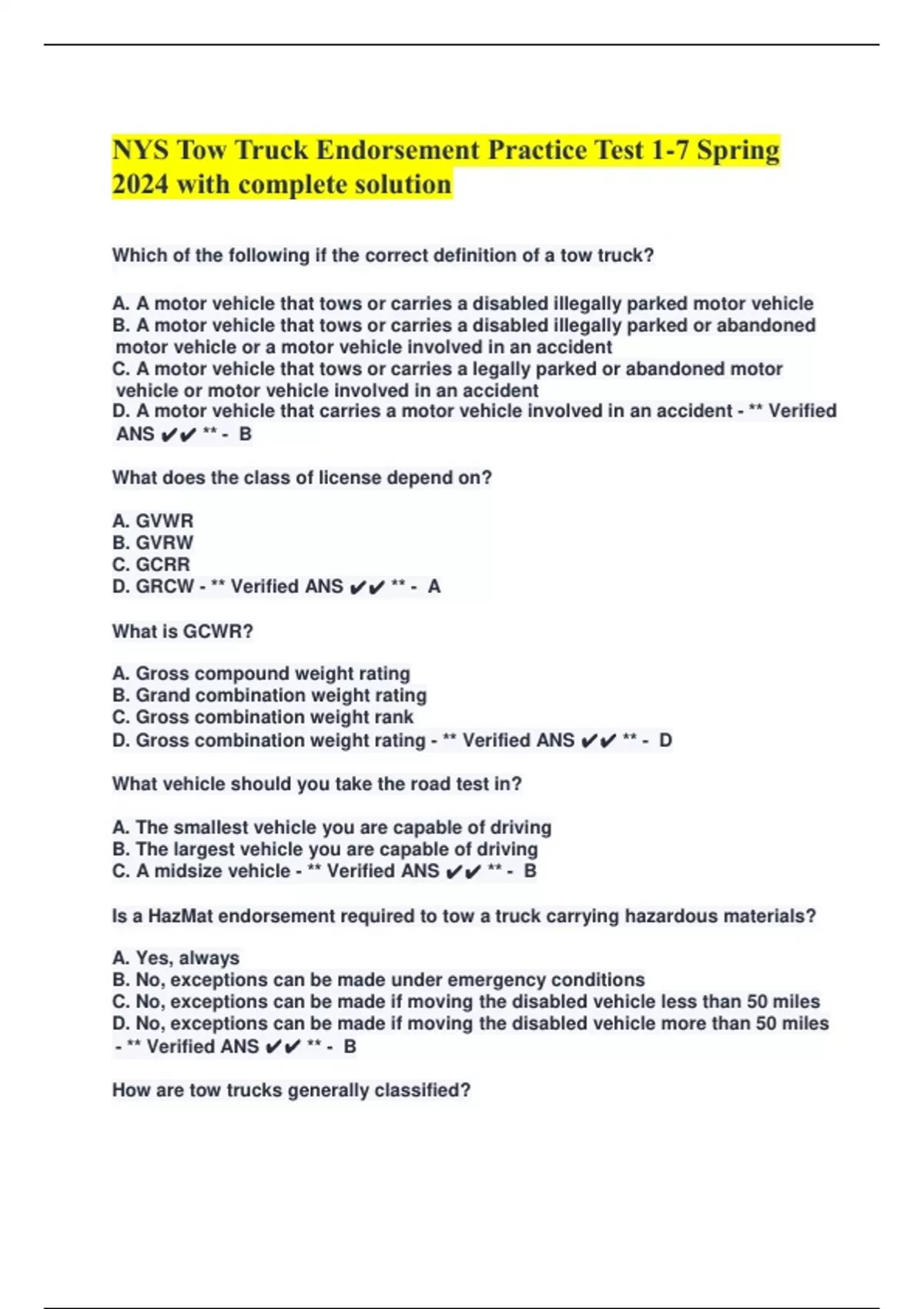 NYS Tow Truck Endorsement Practice Test 1-7 Spring 2024 with complete ...