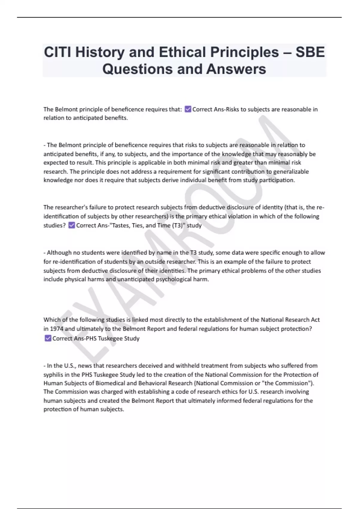 CITI History and Ethical Principles – SBE Questions and Answers - SBE ...