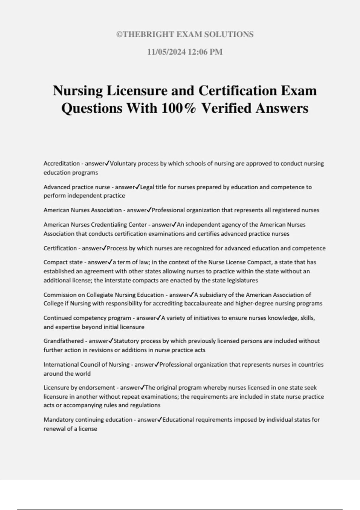 Nursing Licensure and Certification Exam Questions With 100% Verified ...