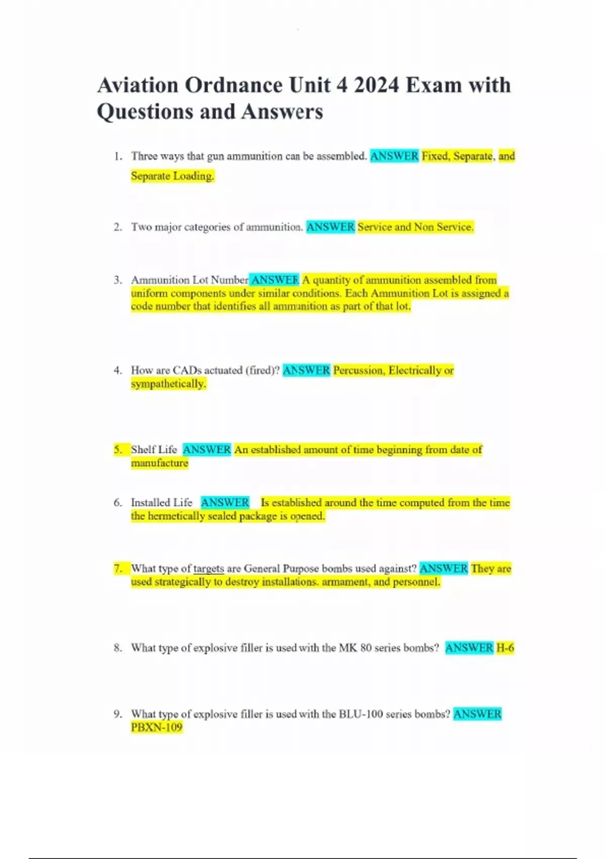 Packaged deal for Aviation Ordnance Unit 4 Exam with Questions and ...
