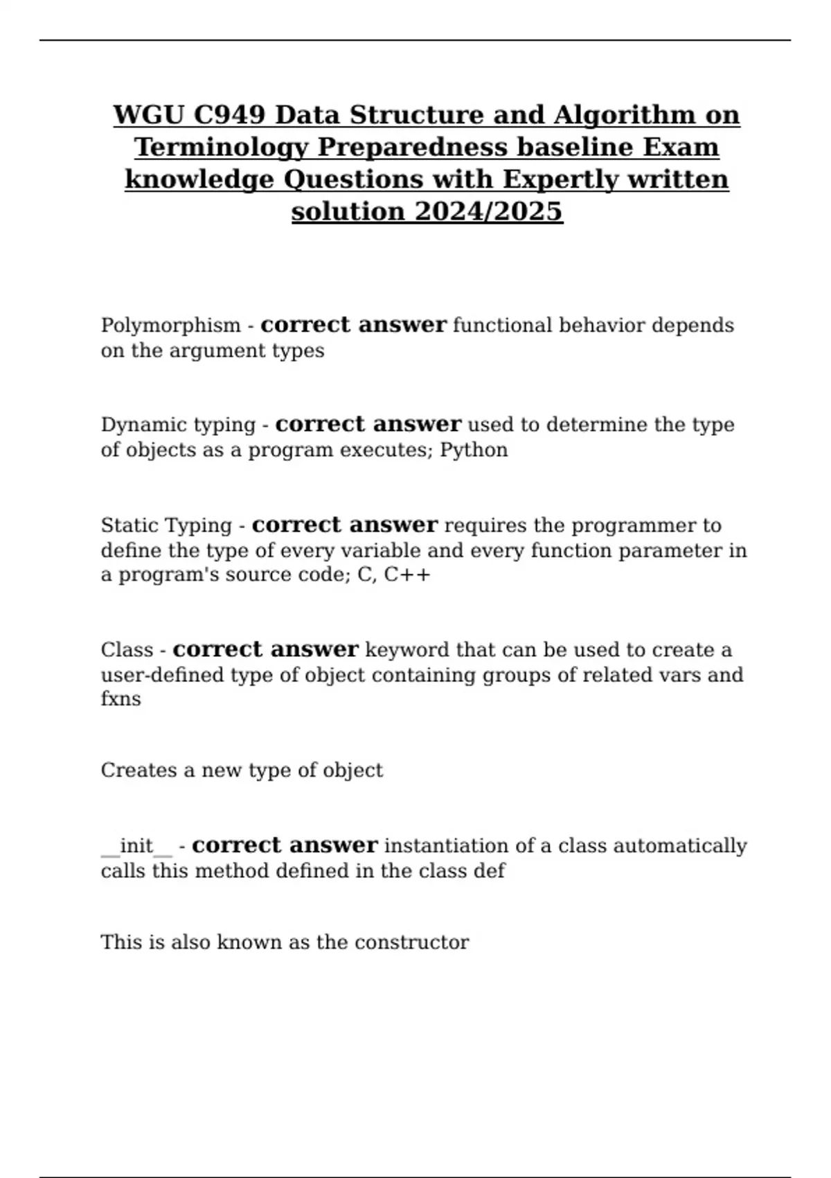 WGU C949 Data Structure and Algorithm on Terminology Preparedness baseline Exam knowledge ...