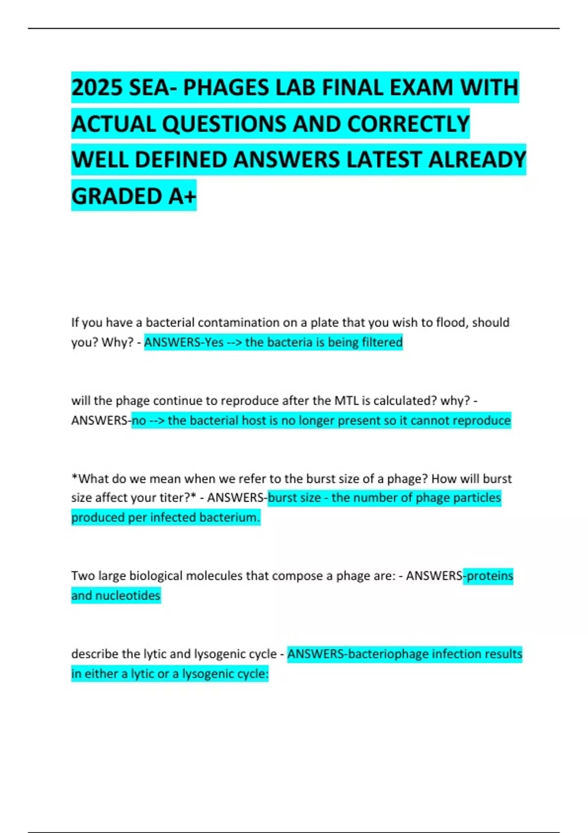 2025 SEA- PHAGES LAB FINAL EXAM WITH ACTUAL QUESTIONS AND CORRECTLY ...