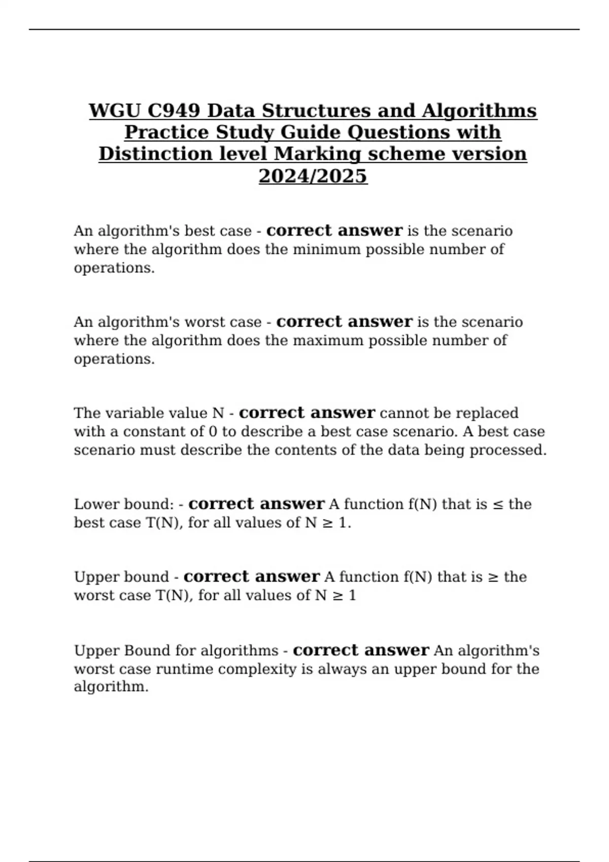 WGU C949 Data Structures and Algorithms Practice Study Guide Questions with Distinction level ...