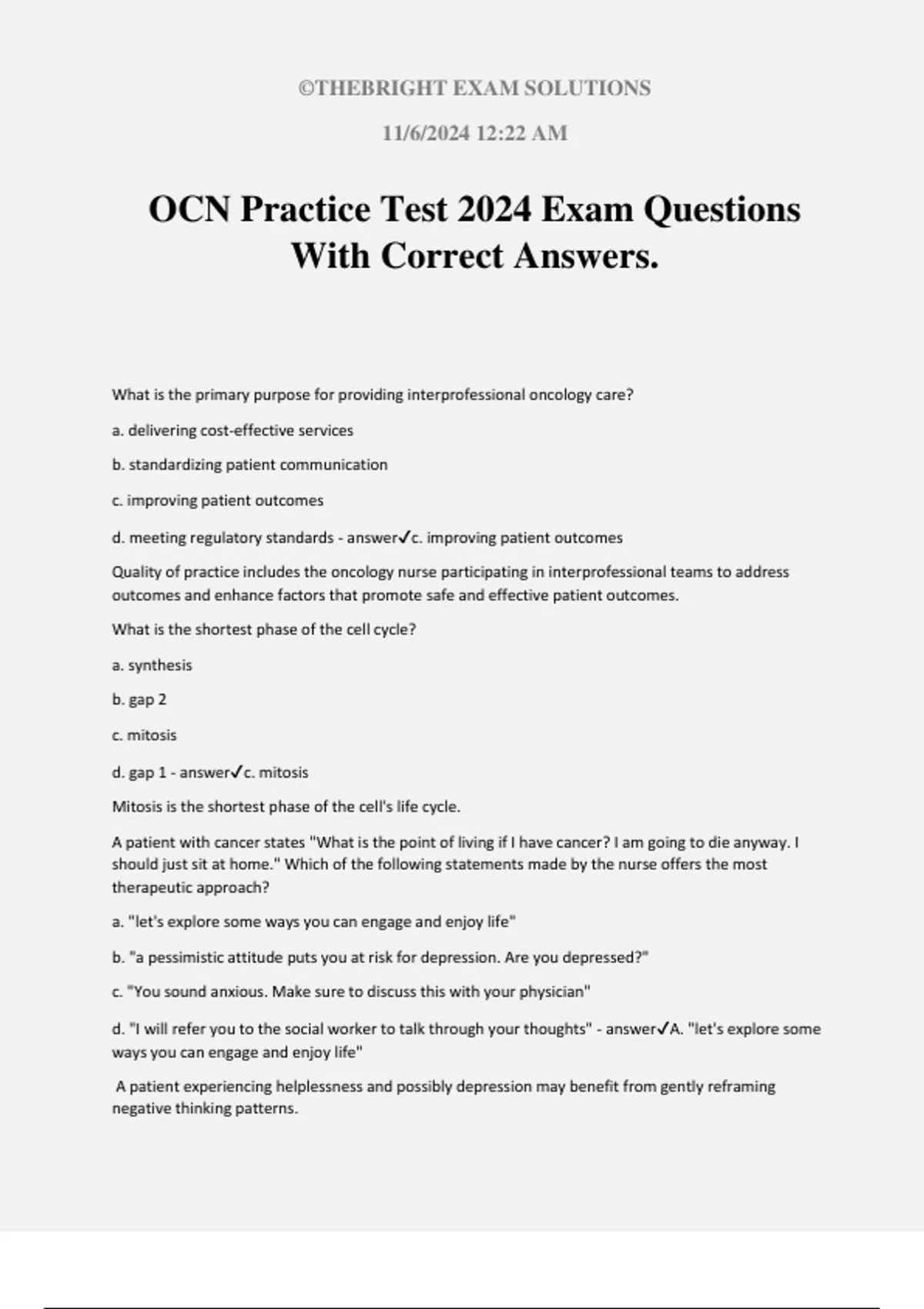 OCN Practice Test 2024 Exam Questions With Correct Answers. - OCN ...