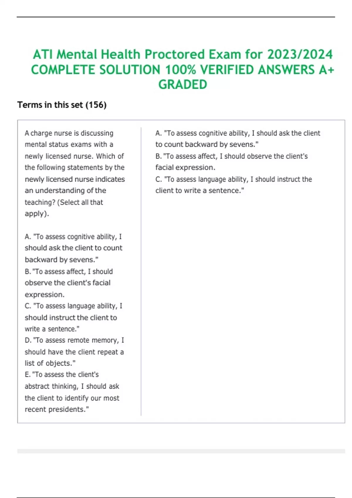 ATI Mental Health Proctored Exam for 2023/2024 COMPLETE SOLUTION 100% VERIFIED ANSWERS A+ GRADED ...