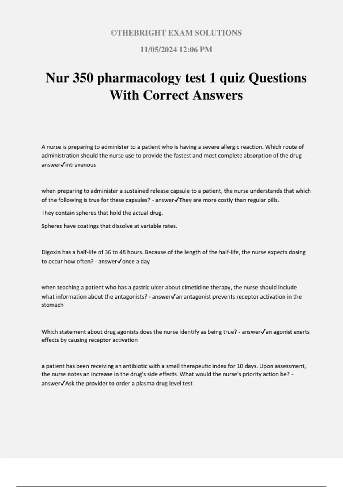 Nur 350 pharmacology test 1 quiz Questions With Correct Answers ...