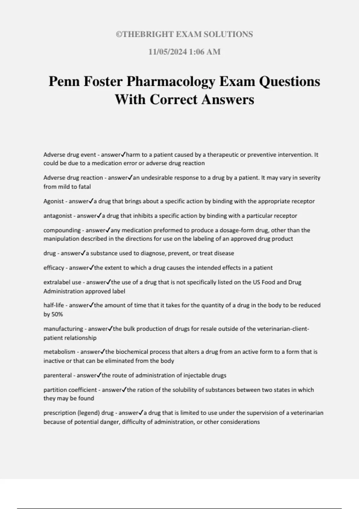 Penn Foster Pharmacology Exam Questions With Correct Answers - Penn ...