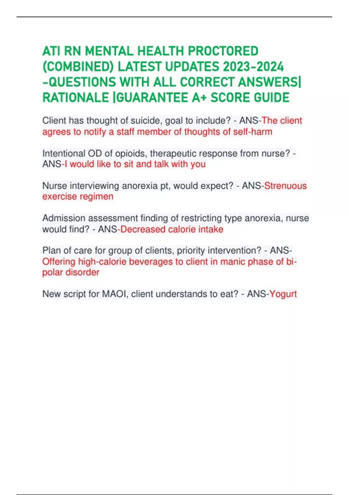 ATI RN MENTAL HEALTH PROCTORED (COMBINED) LATEST UPDATES -QUESTIONS ...