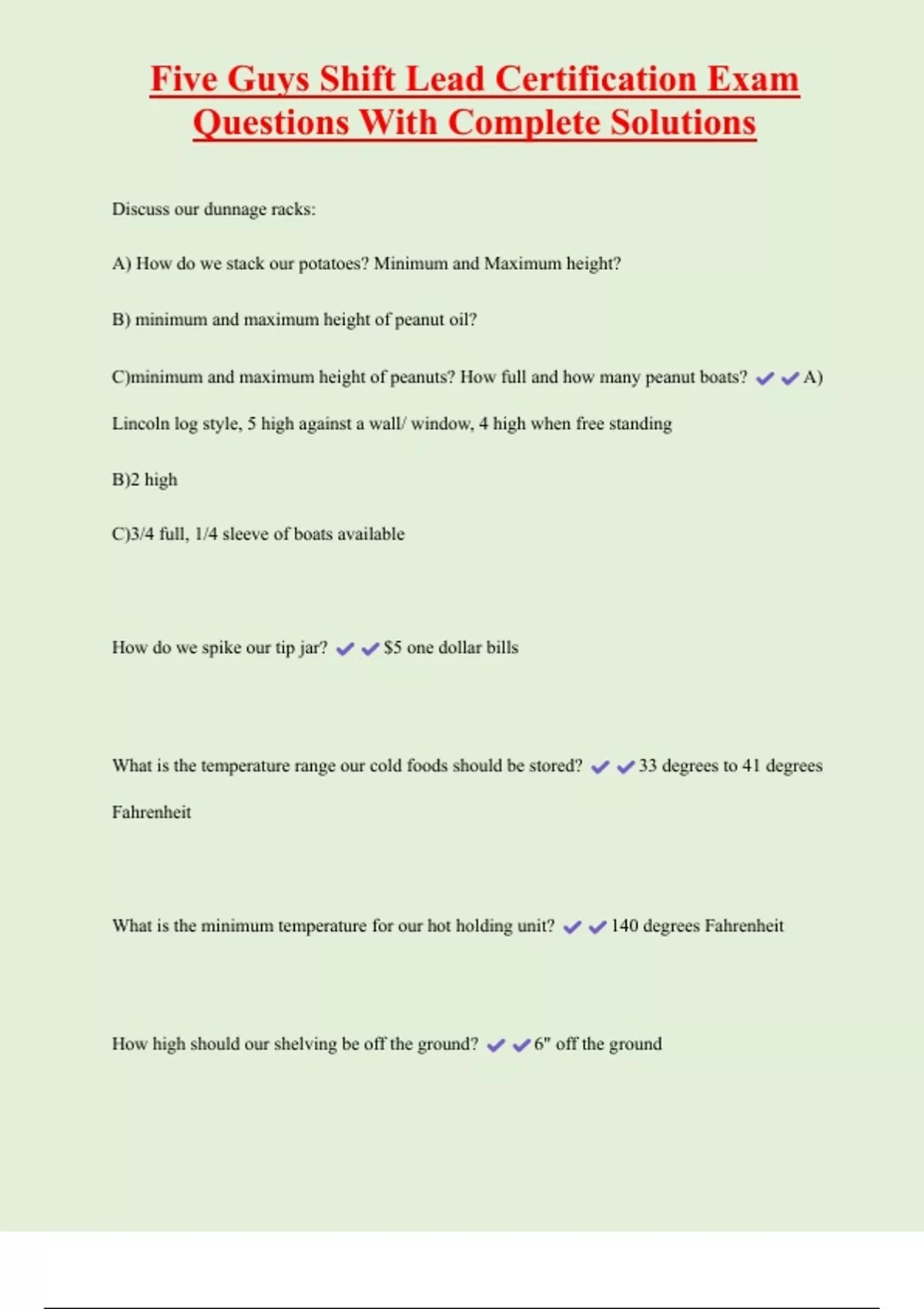 Five Guys Shift Lead Certification Exam Questions With Complete ...