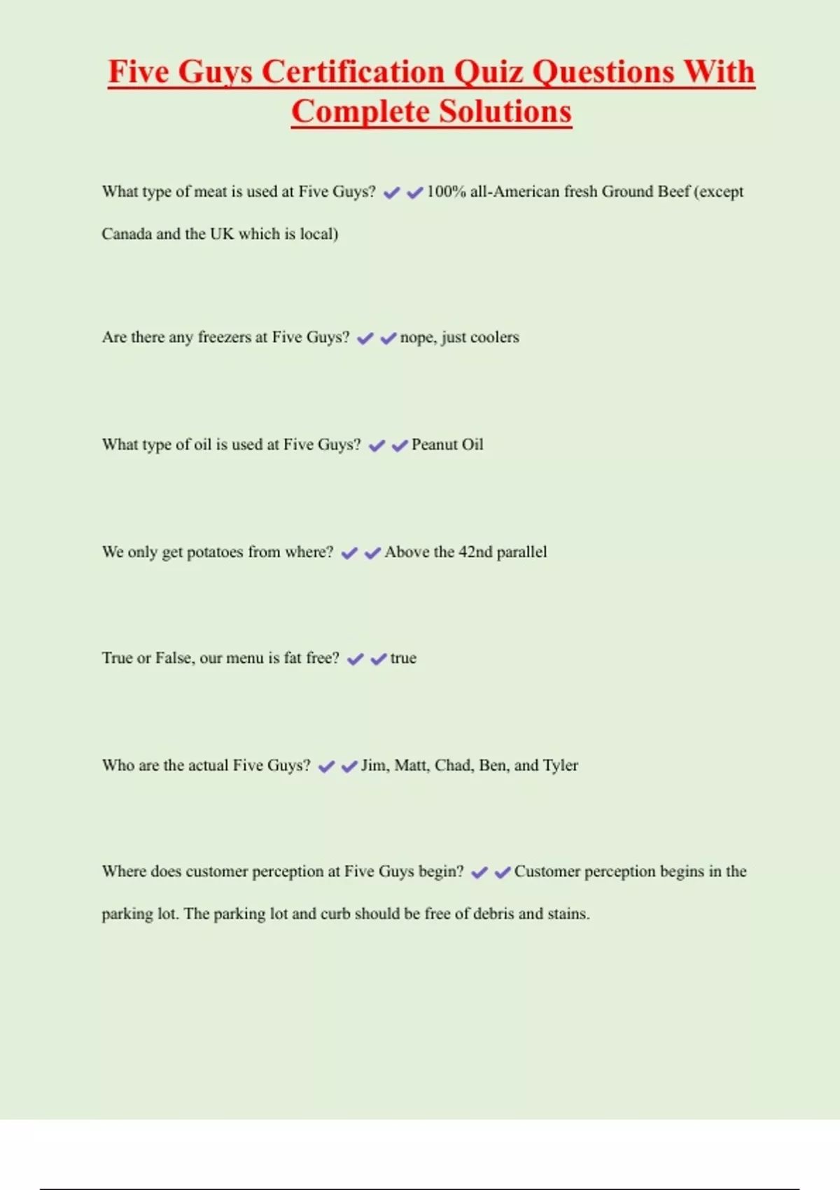 Five Guys Certification Quiz Questions With Complete Solutions - Five ...
