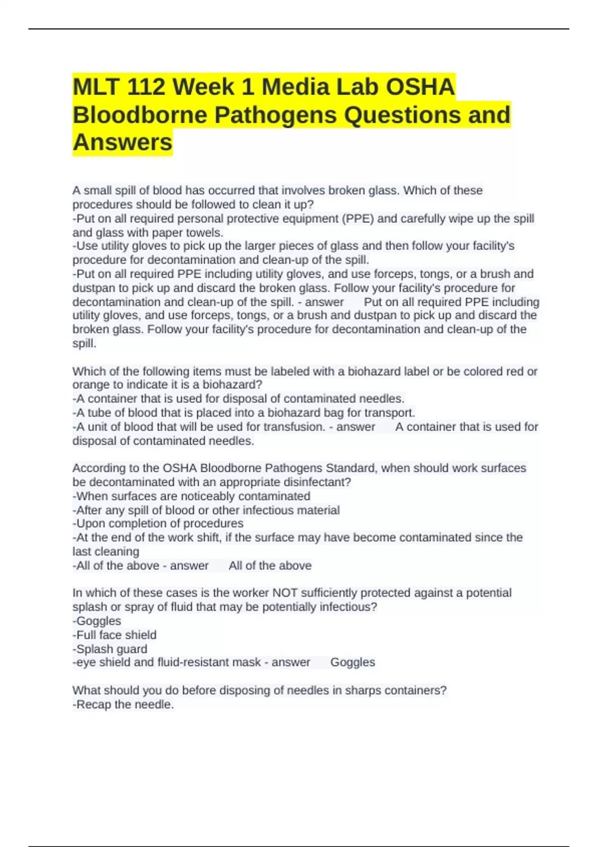 MLT 112 Week 1 Media Lab OSHA Bloodborne Pathogens Questions and ...