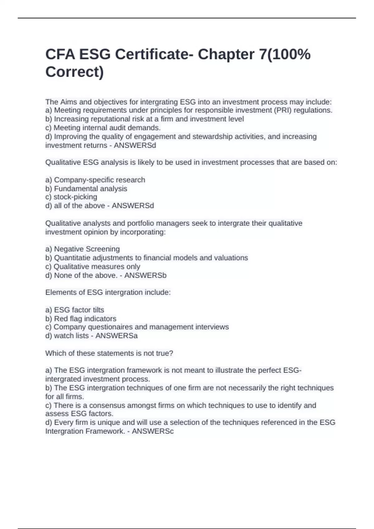 CFA ESG Certificate- Chapter 7(100% Correct) - CFA ESG Certificate ...