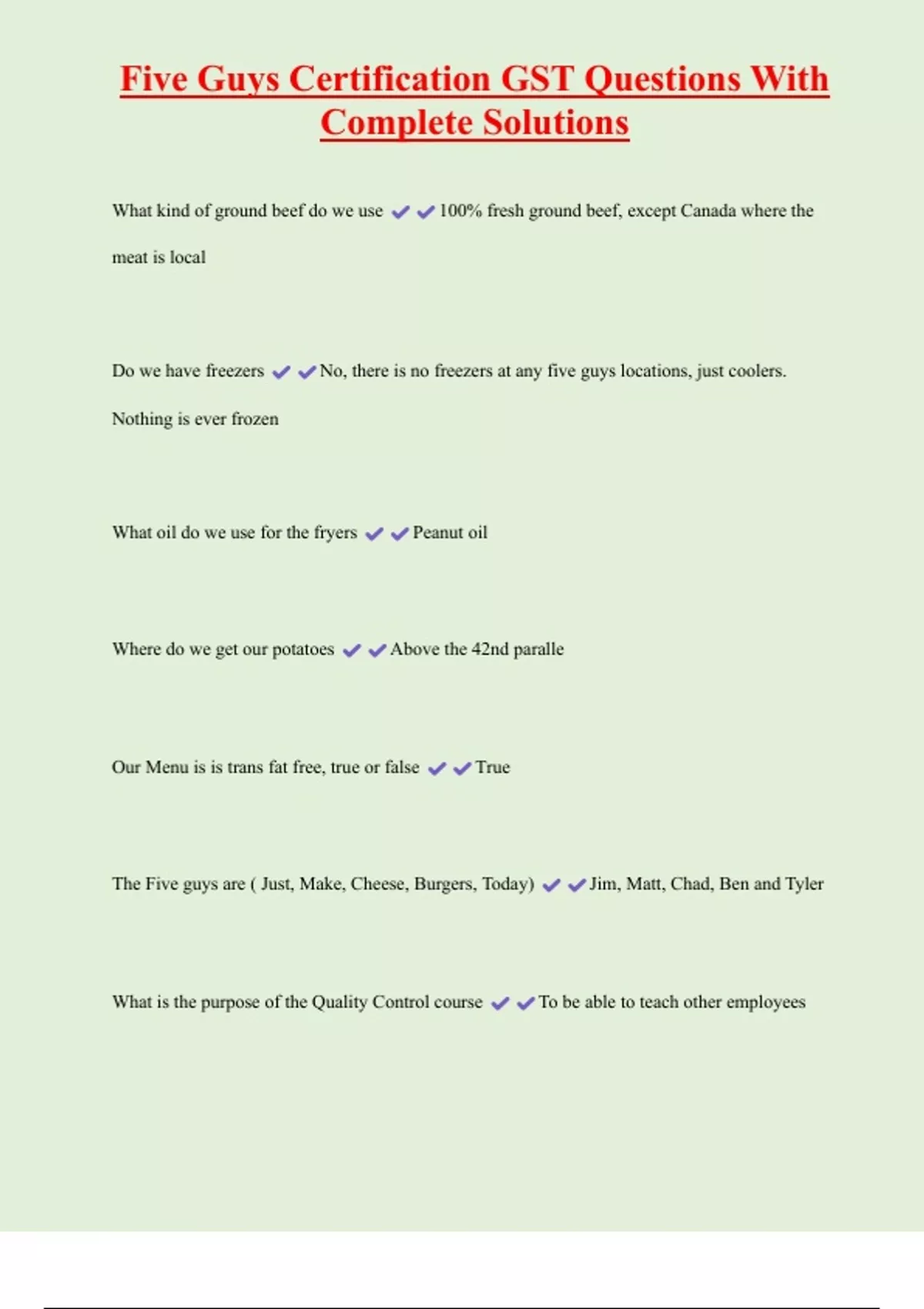 Five Guys Certification GST Questions With Complete Solutions - Five Guys - Stuvia US