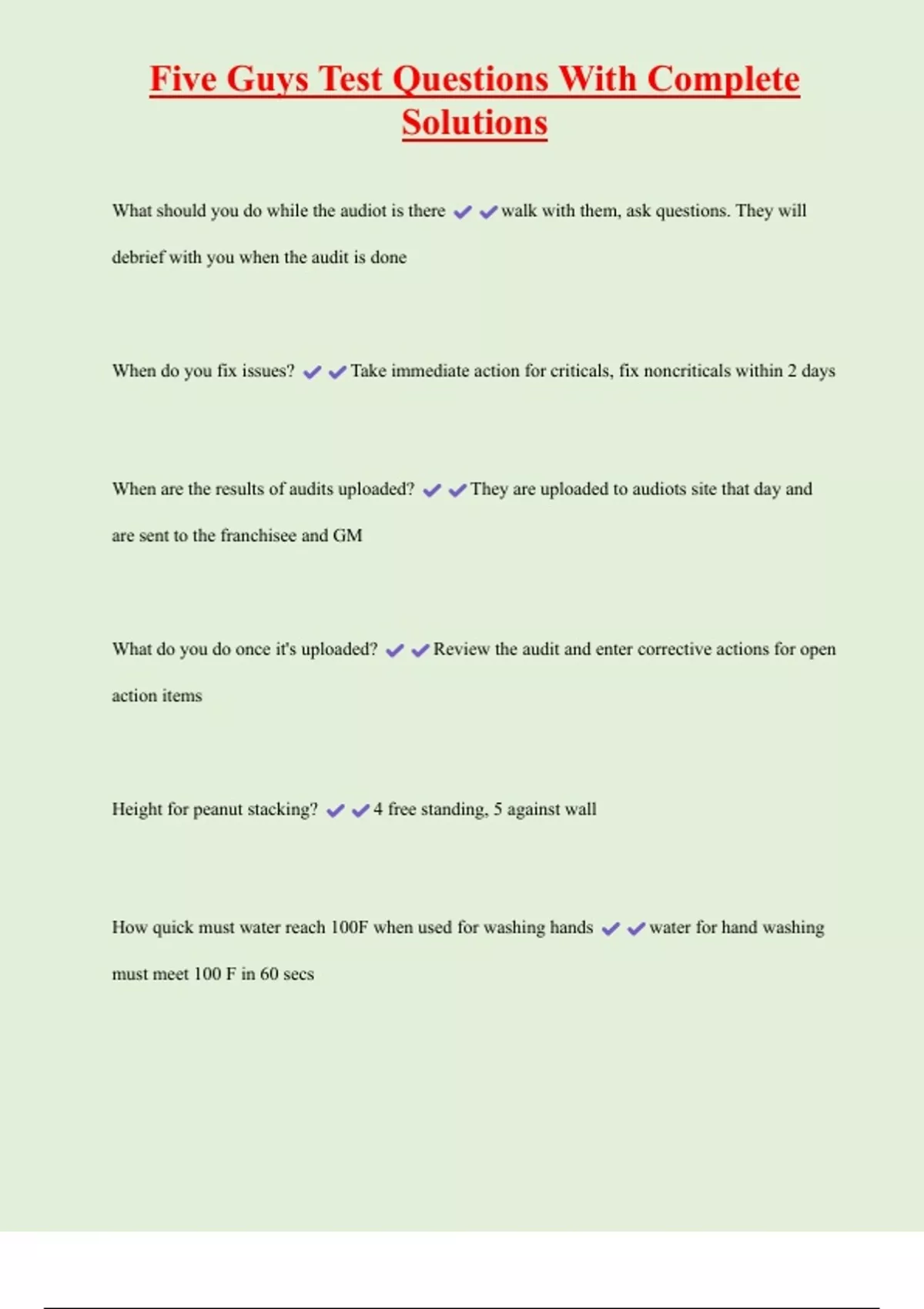 Five Guys Test Questions With Complete Solutions - Five Guys - Stuvia US
