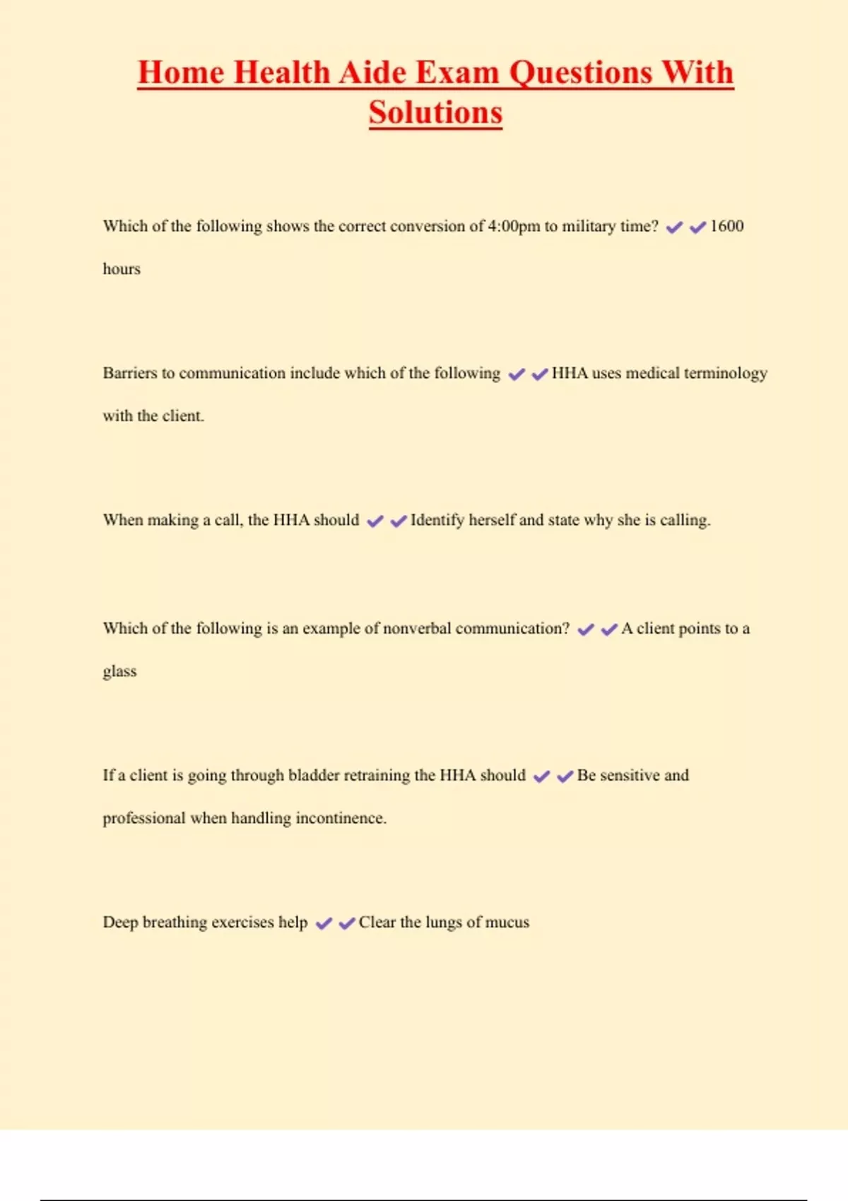 Home Health Aide Exam Questions With Solutions - Home Health - Stuvia UK