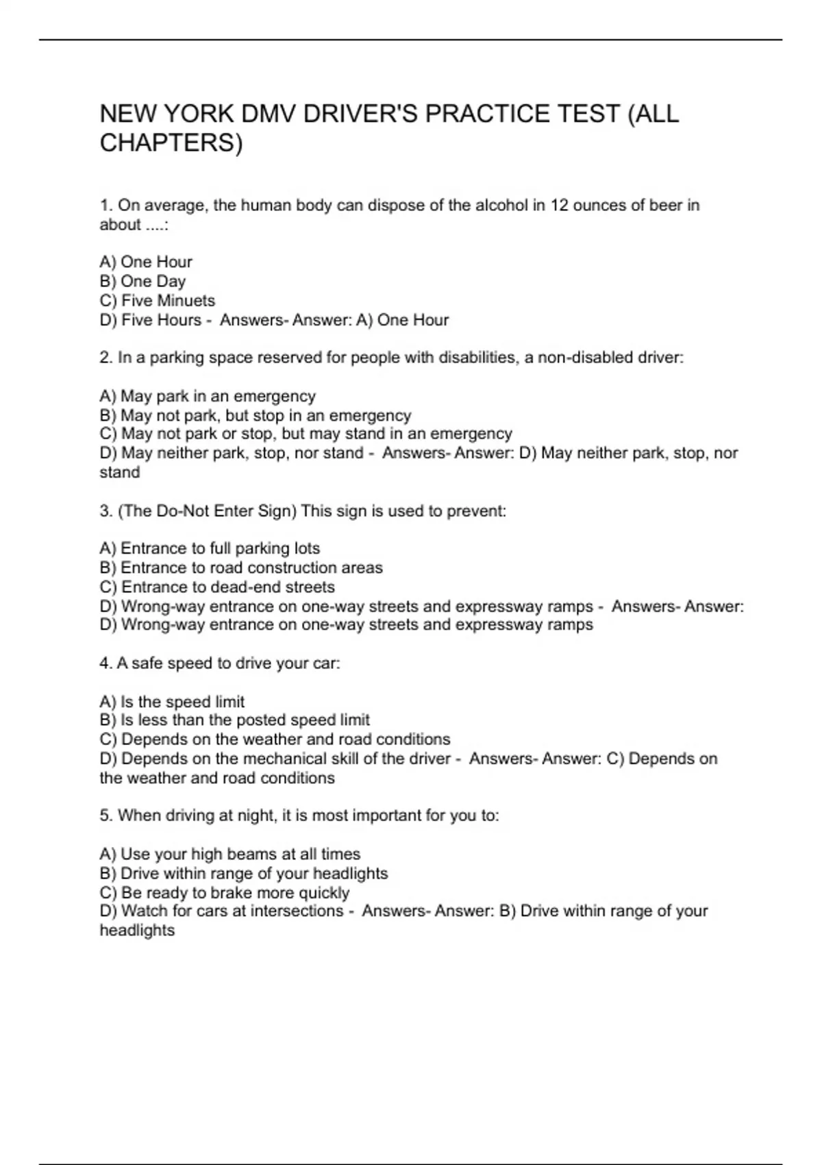 NEW YORK DMV DRIVER-S PRACTICE TEST (ALL CHAPTERS) - NEW YORK DMV ...