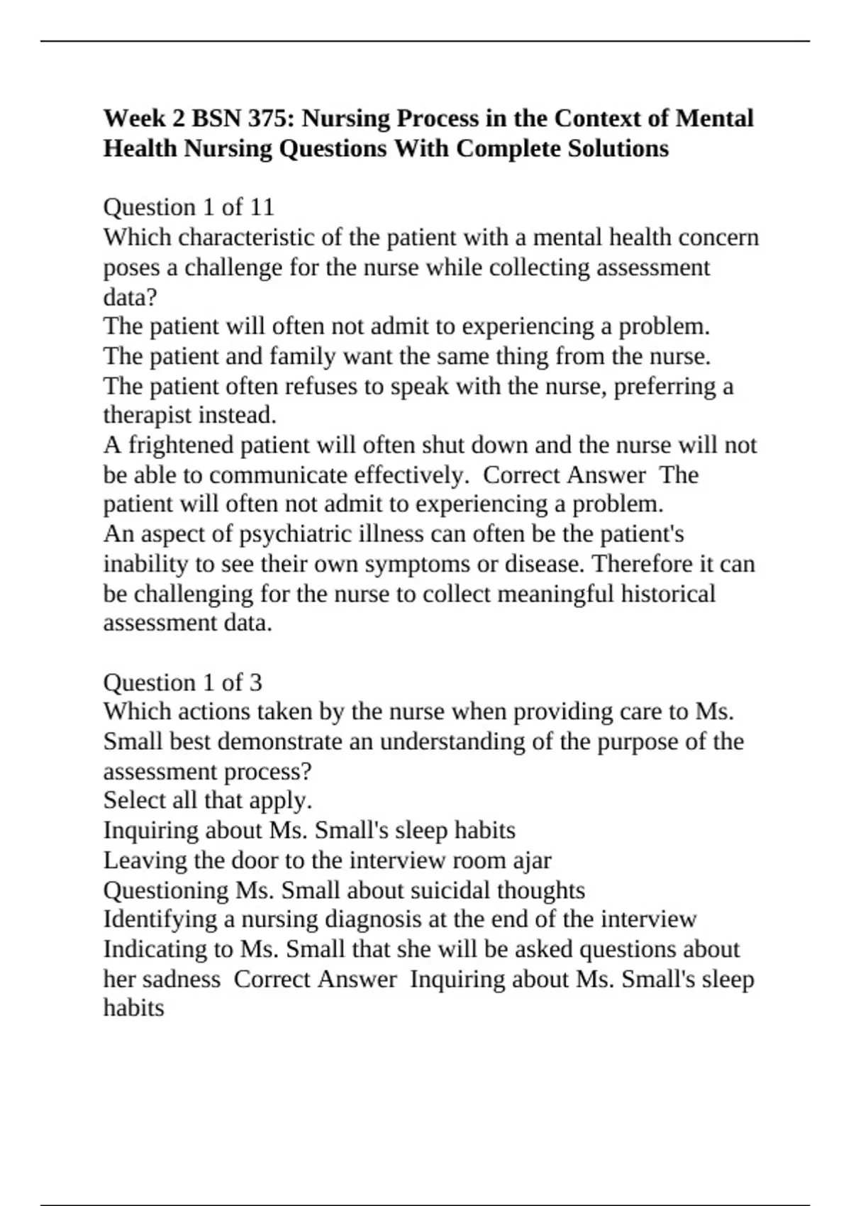 Week 2 BSN 375: Nursing Process in the Context of Mental Health Nursing ...