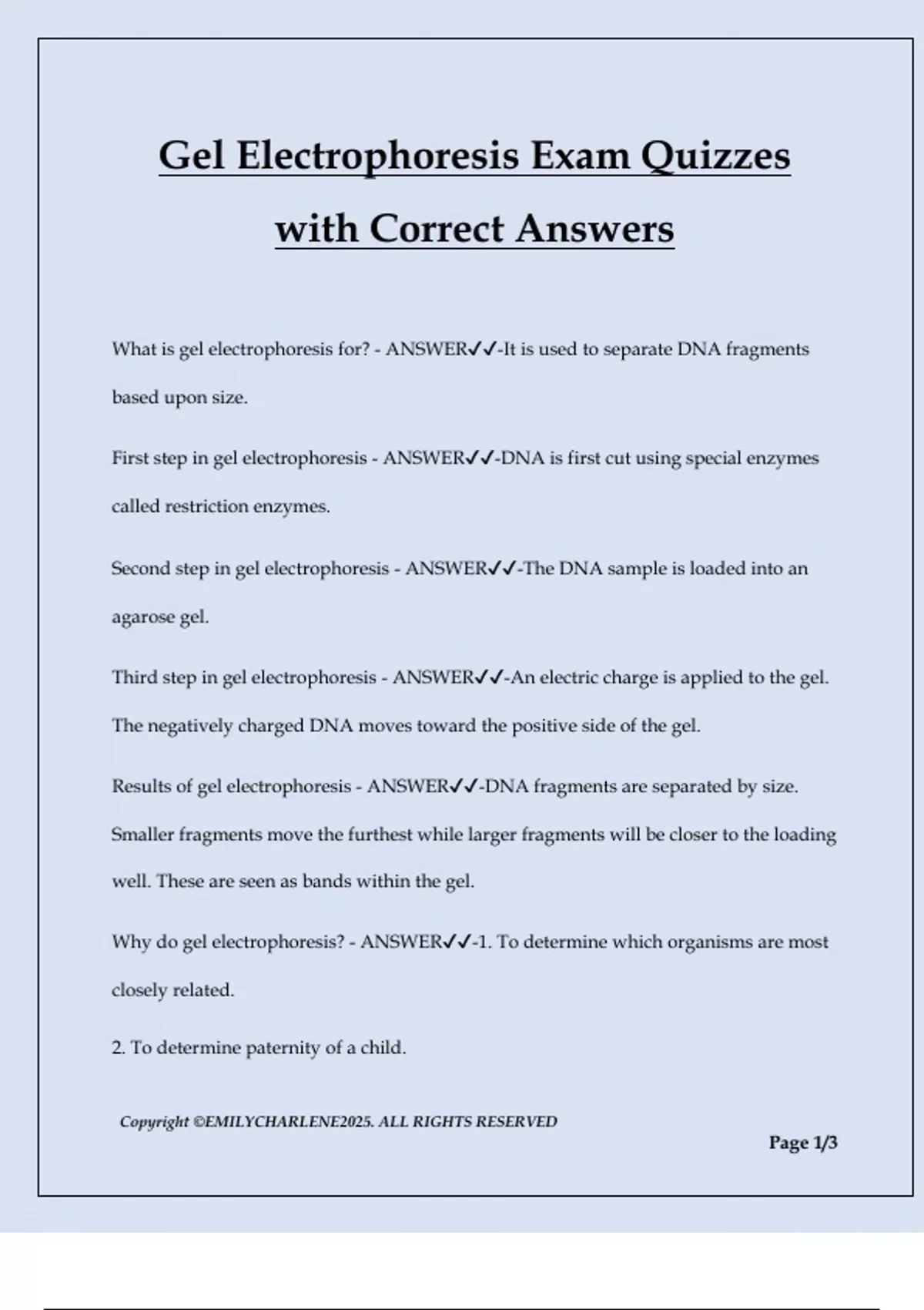 Gel Electrophoresis Exam Quizzes with Correct Answers - Prep Tests ...