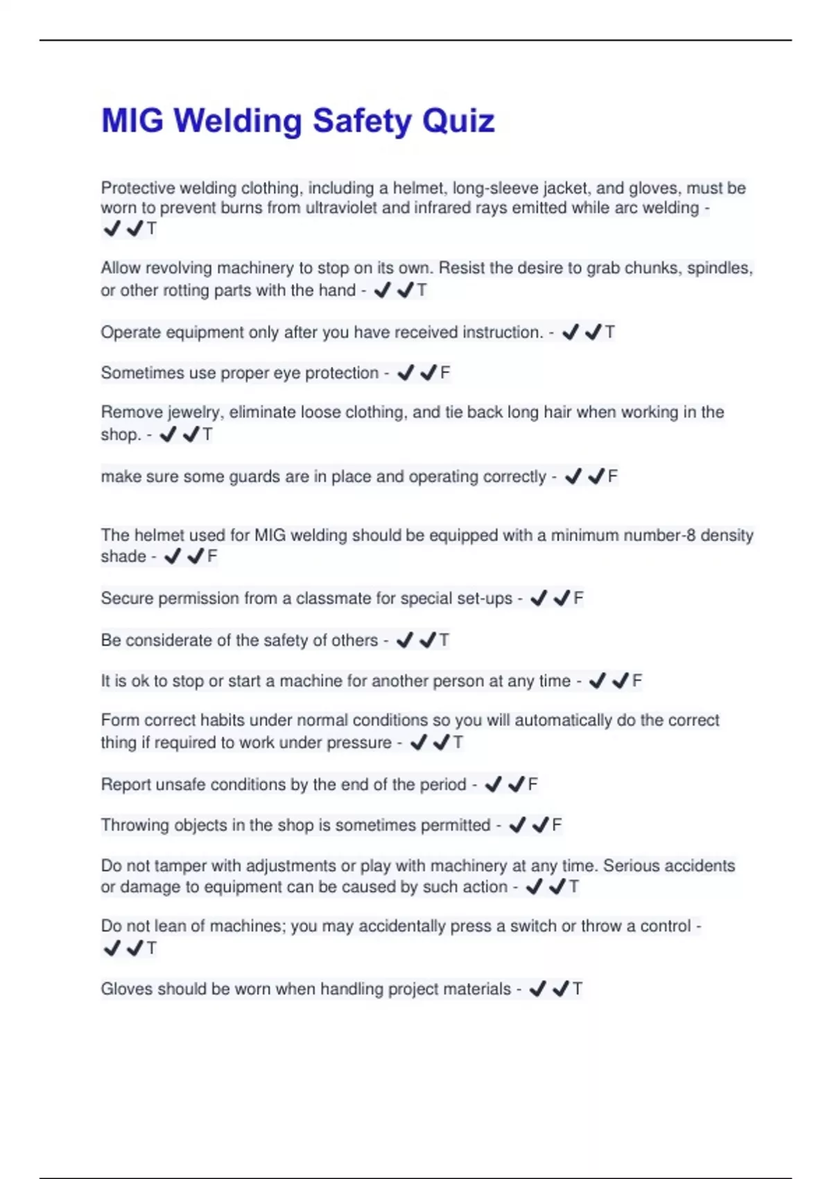 MIG Welding Safety Quiz Questions and Answers 100% Verified - MIG ...