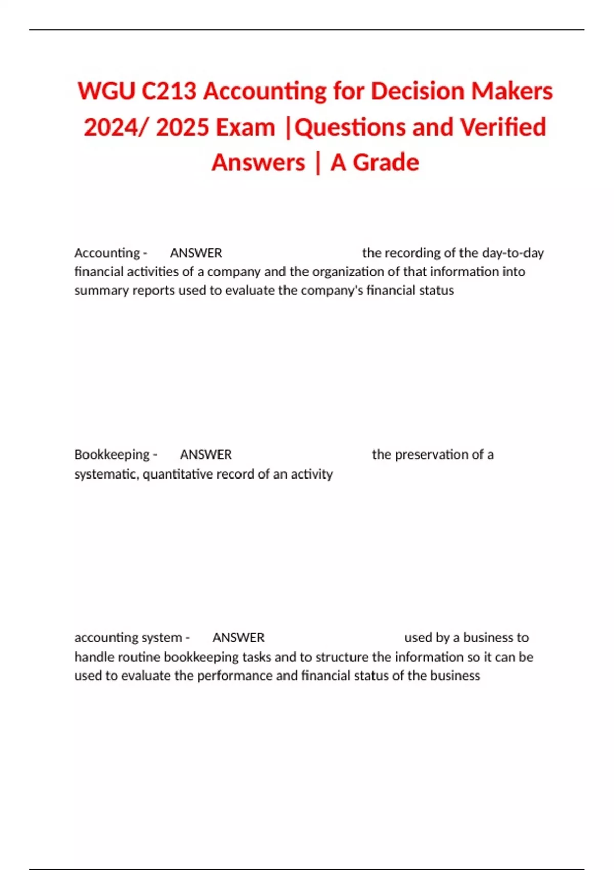 WGU C213 Accounting for Decision Makers 2024/ 2025 Exam |Questions and ...