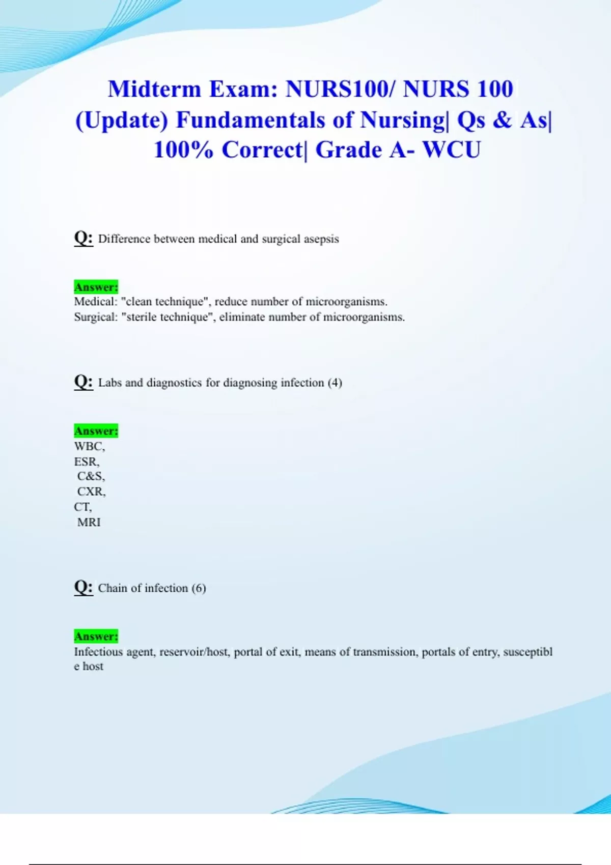 Midterm Exam: NURS100/ NURS 100 (2024/ 2025 Update) Fundamentals of Nursing| Qs & As| 100% ...