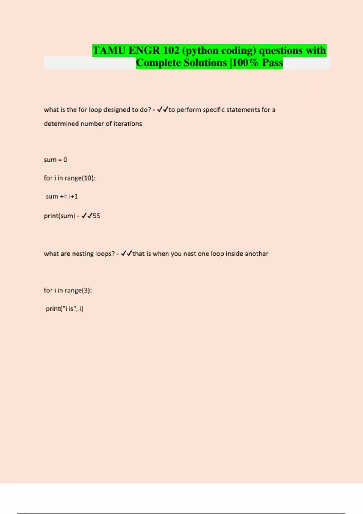 TAMU ENGR 102 (python coding) questions with Complete Solutions |100% Pas - TAMU - Stuvia US