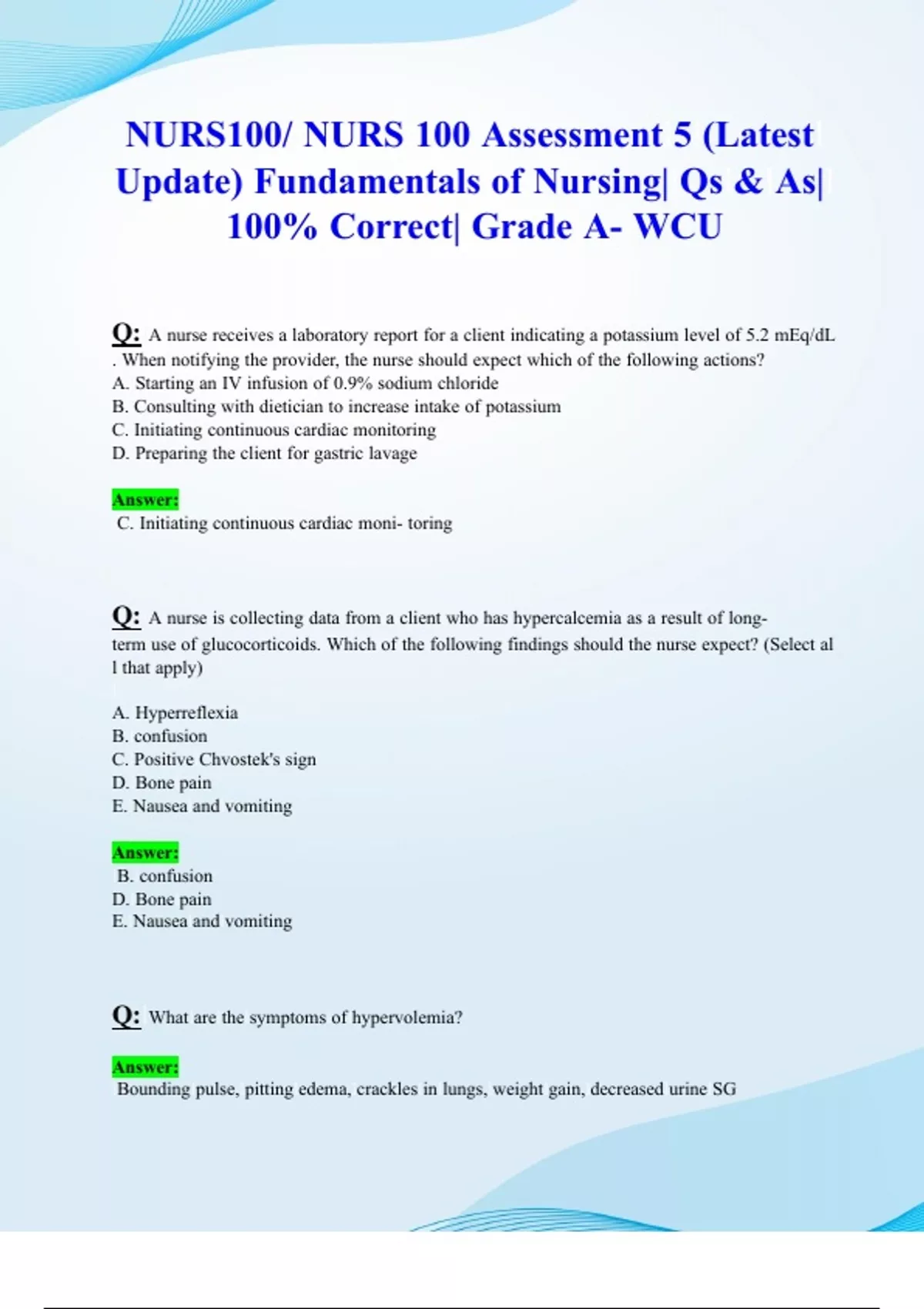 NURS100/ NURS 100 Assessment 6 (Latest 2024/ 2025 Update) Fundamentals ...