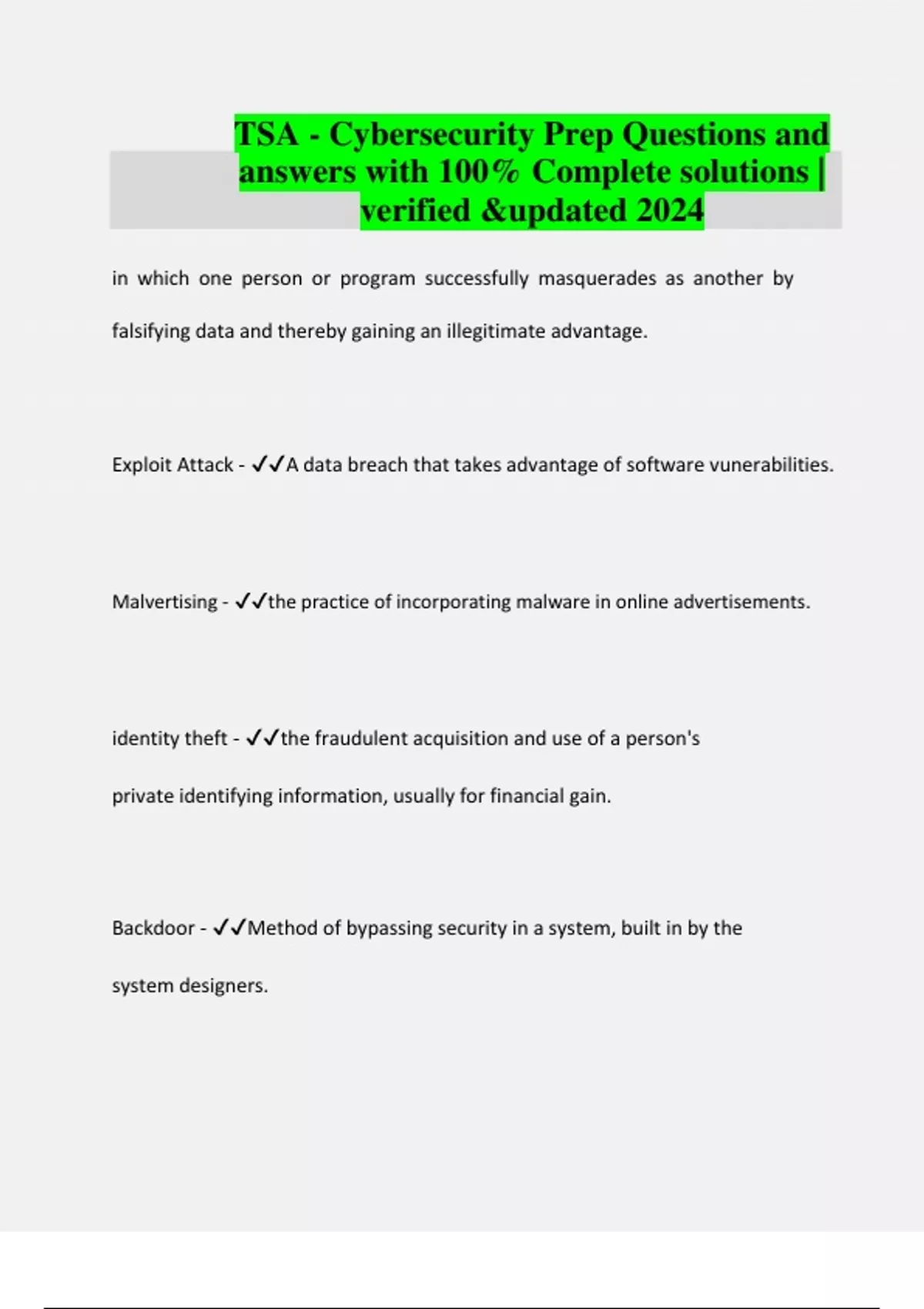 TSA - Cybersecurity Prep Questions and answers with 100% Complete ...