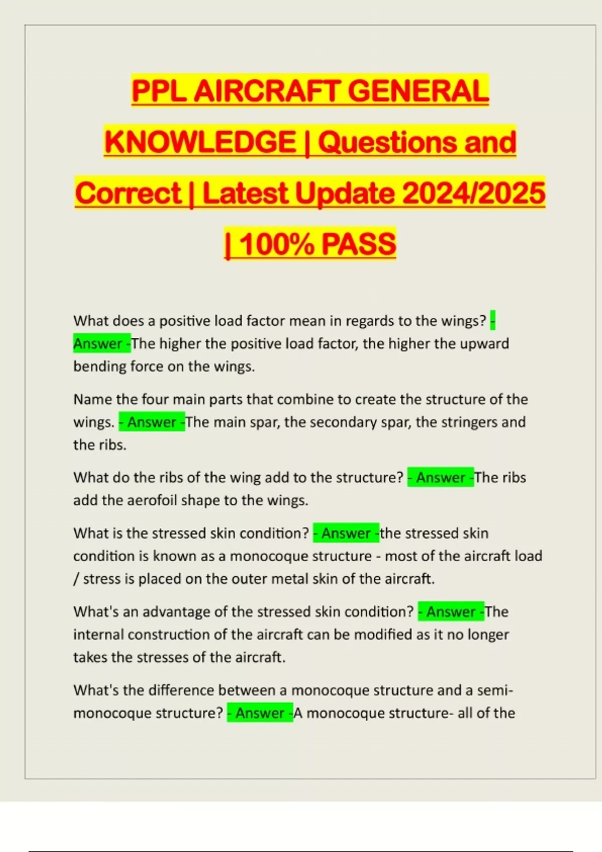 PPL AIRCRAFT GENERAL KNOWLEDGE | Questions and Correct | Latest Update ...