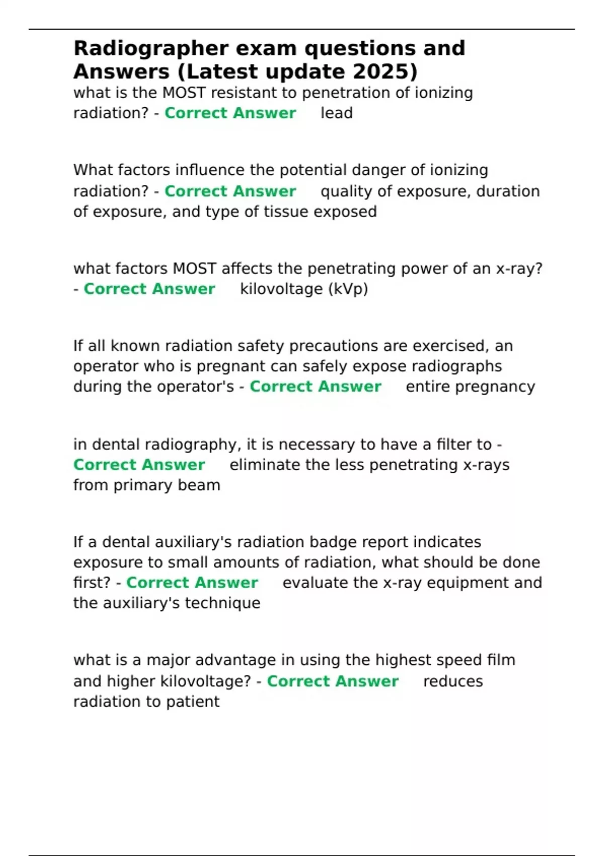 Radiographer exam questions and Answers (Latest update 2025 ...