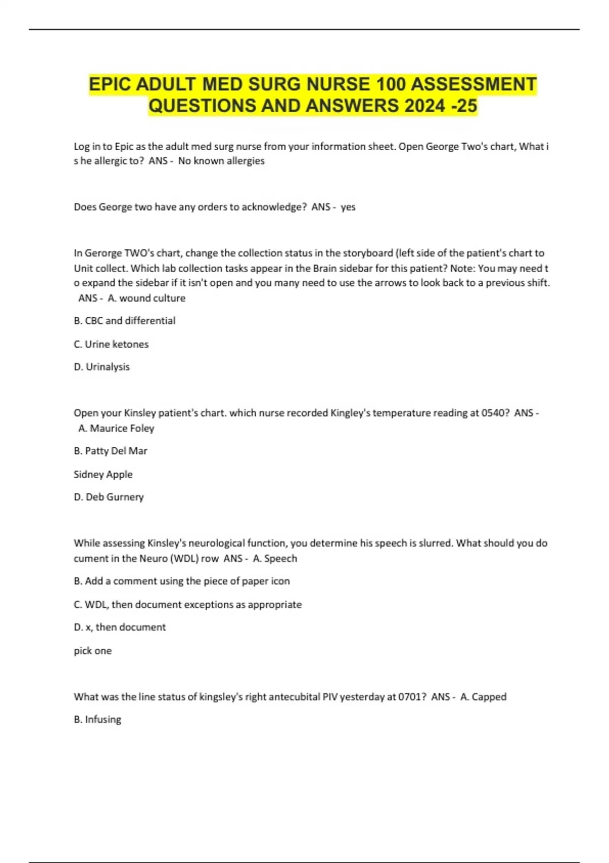 EPIC ADULT MED SURG NURSE 100 ASSESSMENT QUESTIONS AND ANSWERS 2024 -25 ...