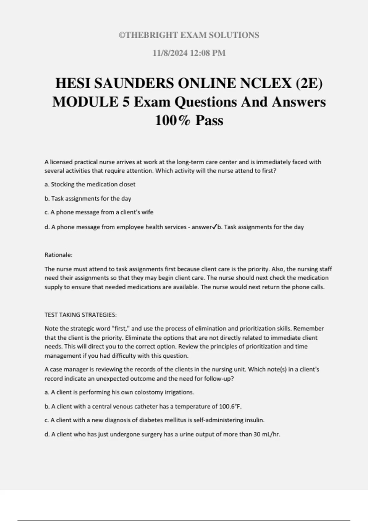 HESI SAUNDERS ONLINE NCLEX (2E) MODULE 5 Exam Questions And Answers 100 ...