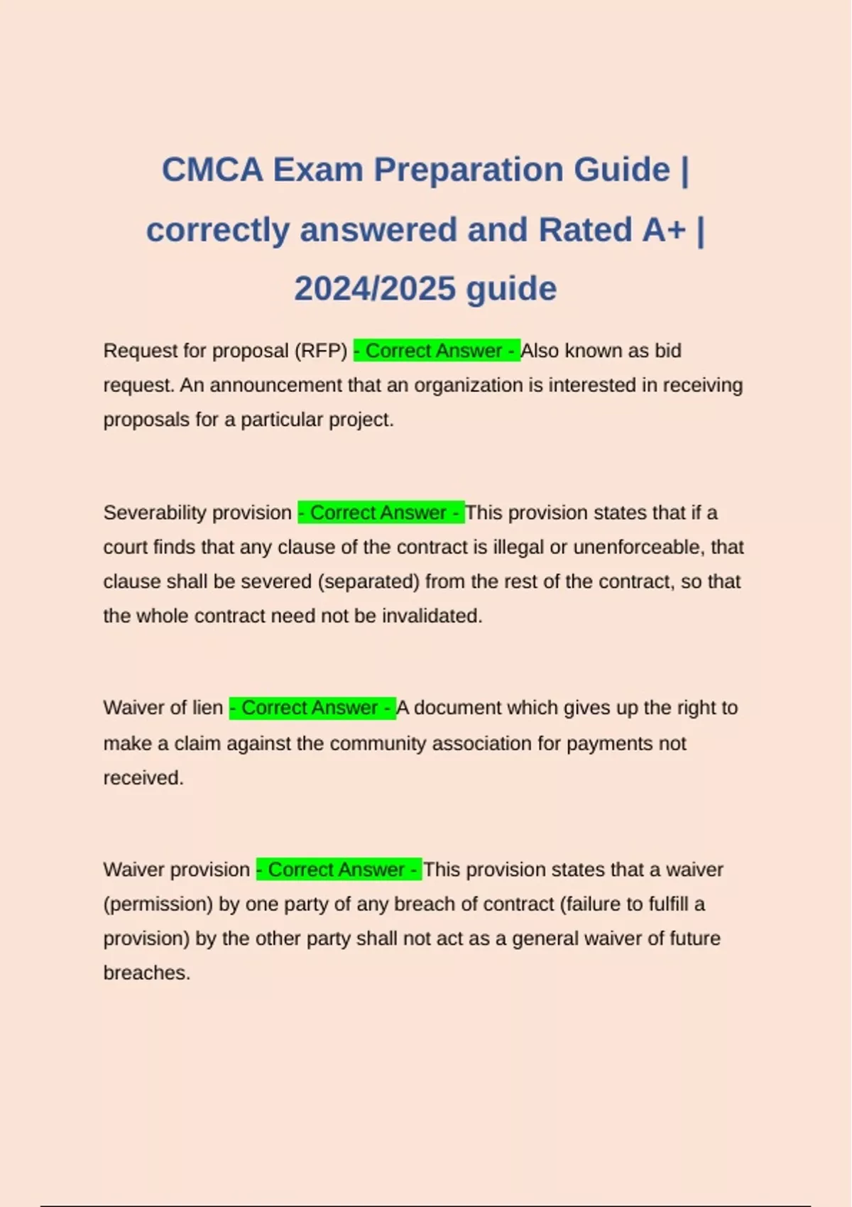 CMCA Exam Preparation Guide | correctly answered and Rated A+ | 2024/ ...