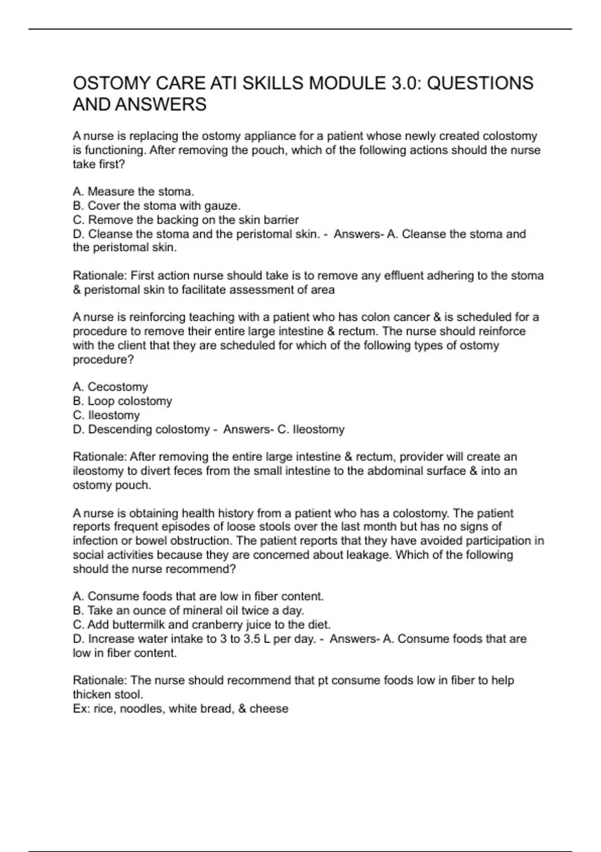 OSTOMY CARE ATI SKILLS MODULE 3.0 QUESTIONS AND ANSWERS - OSTOMY CARE ...