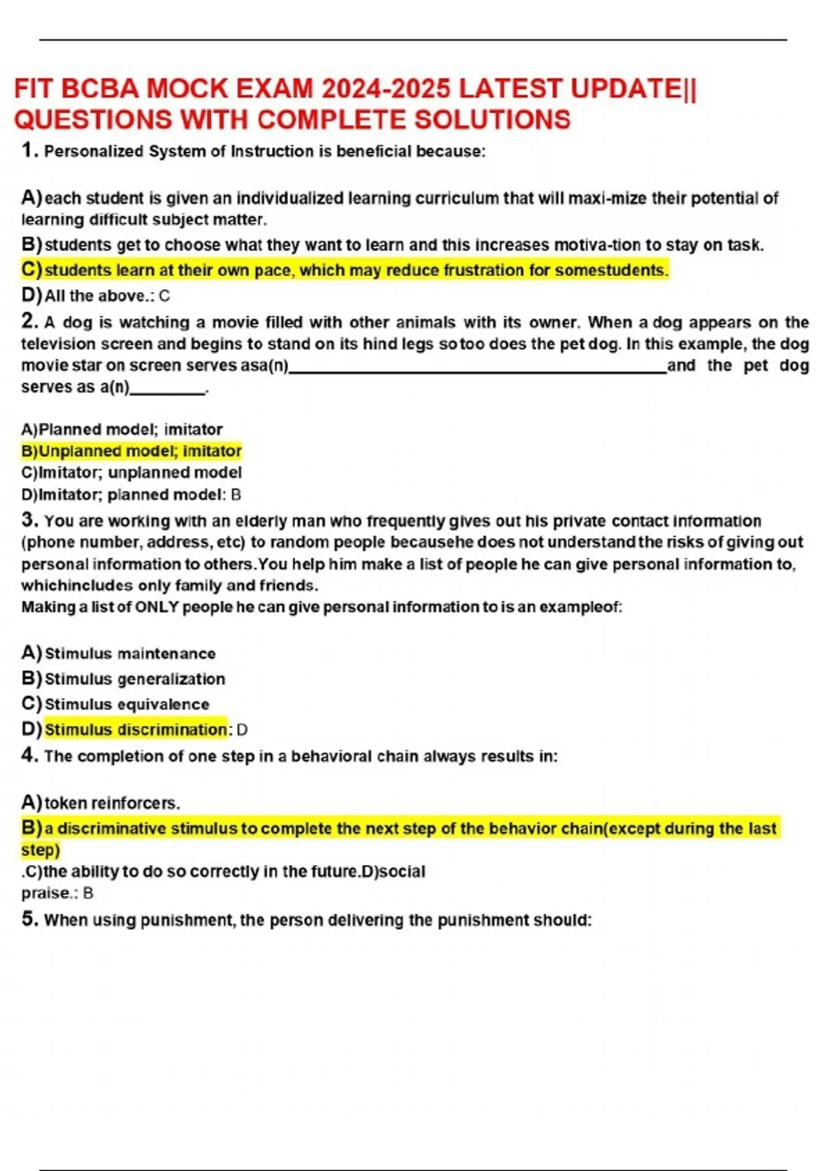 FIT BCBA MOCK EXAM LATEST UPDATE|| QUESTIONS WITH COMPLETE SOLUTIONS ...