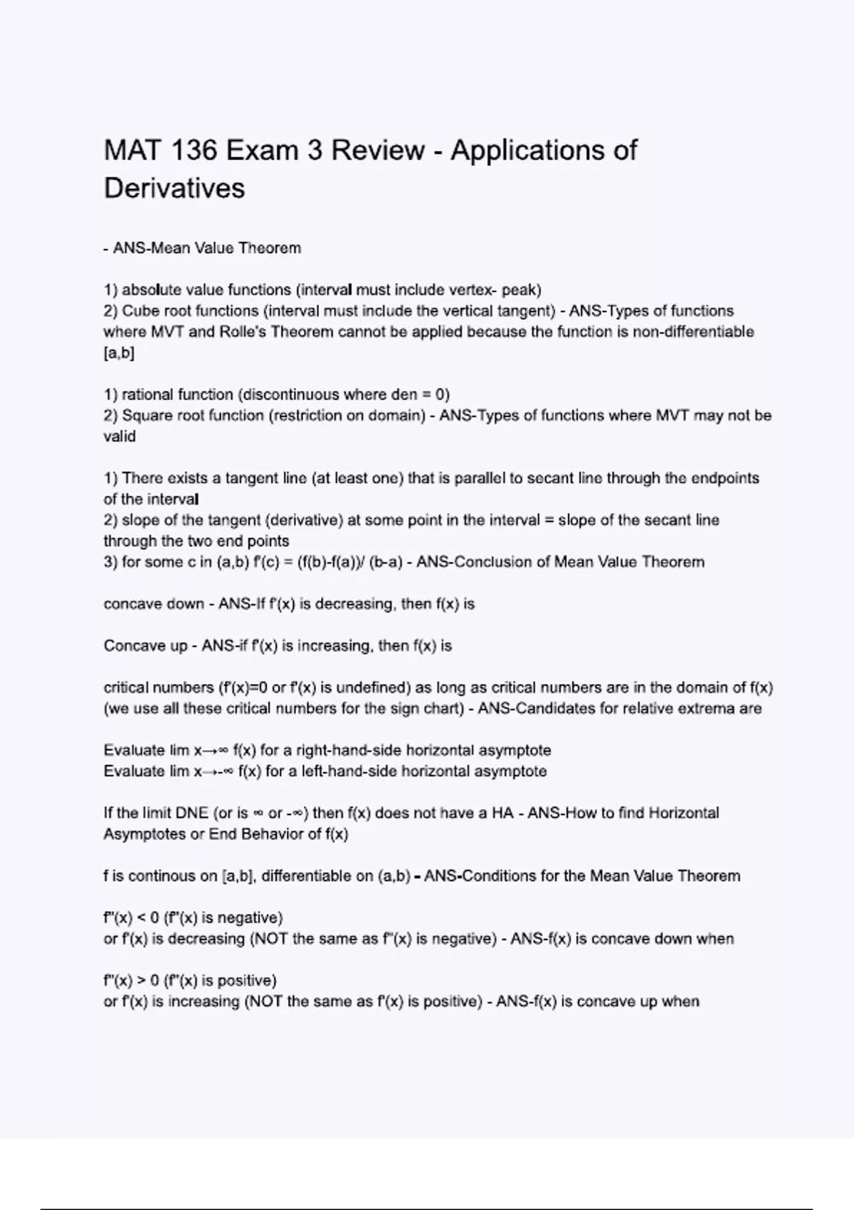 MAT 136 Exam 3 Review - Applications of Derivatives exam questions with ...