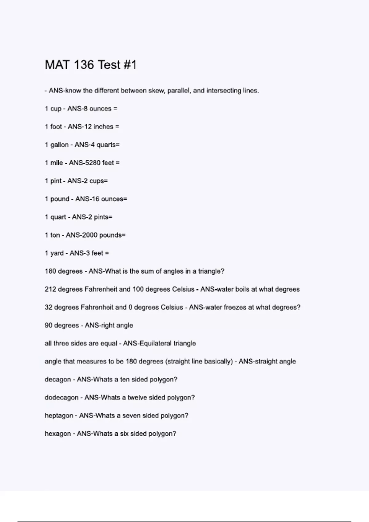 MAT 136 Test -1 exam questions with correct answers with complete A ...