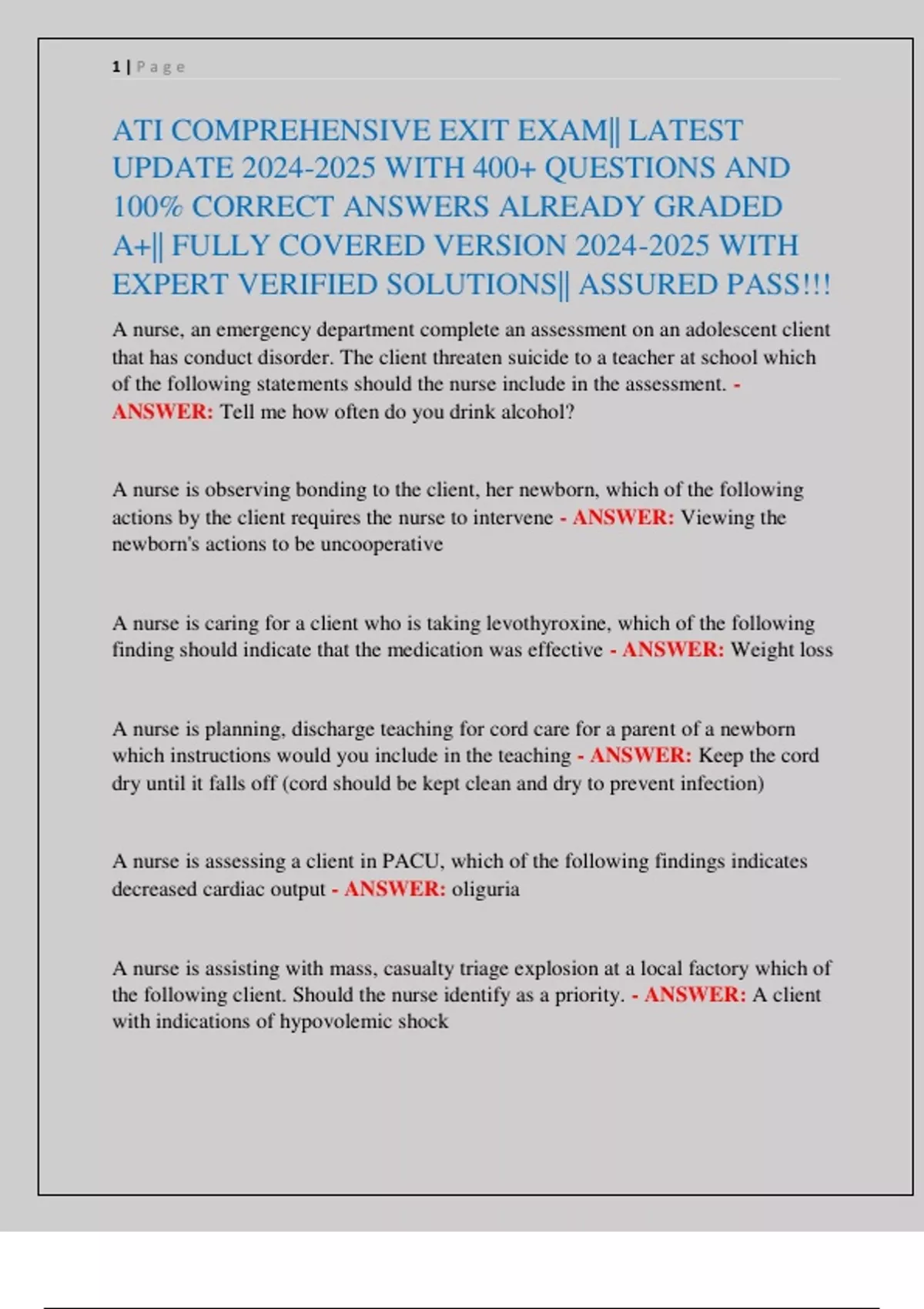ATI COMPREHENSIVE EXIT EXAM|| LATEST UPDATE WITH 400+ QUESTIONS AND 100 ...