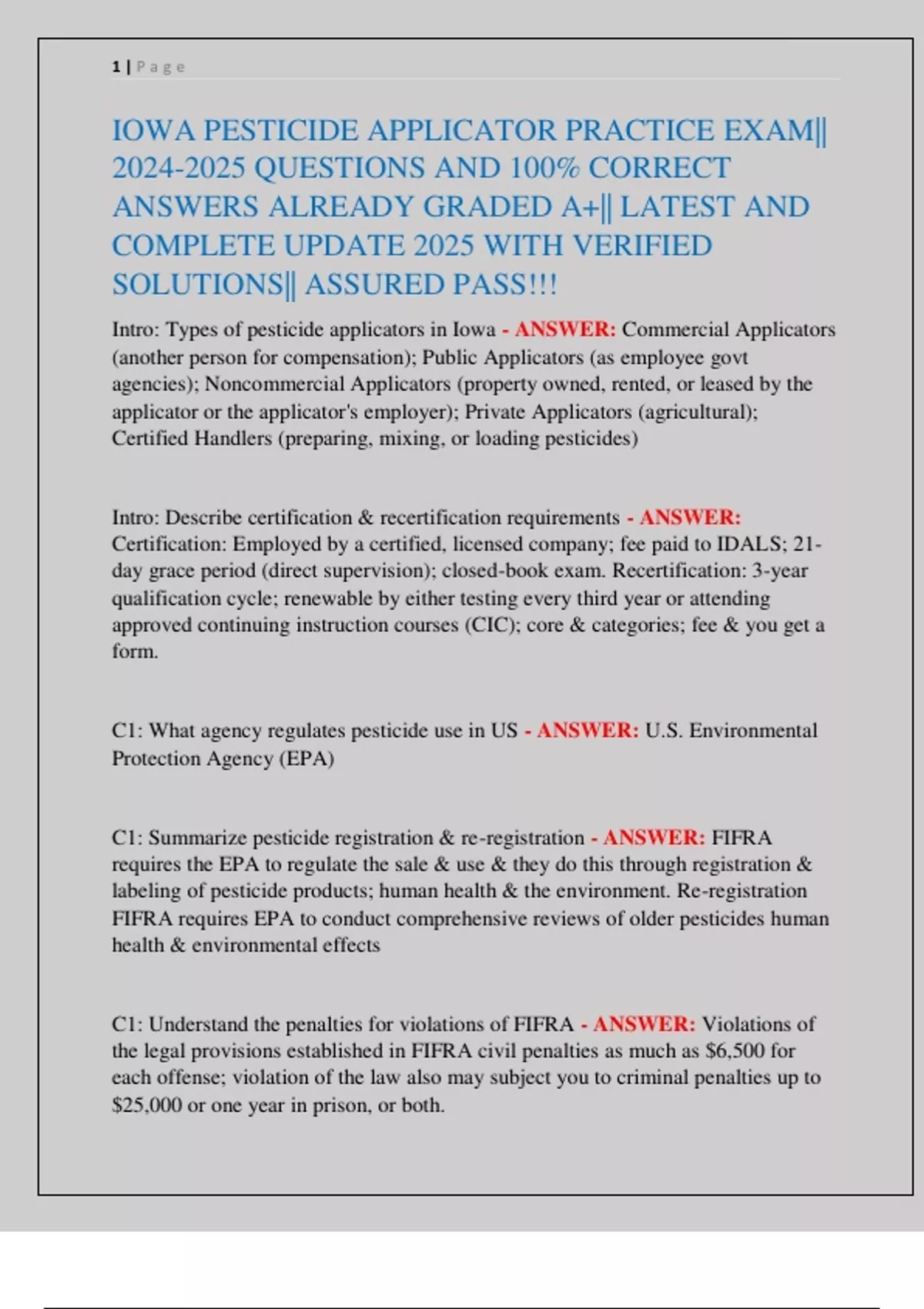 IOWA PESTICIDE APPLICATOR PRACTICE EXAM|| QUESTIONS AND 100% CORRECT ...