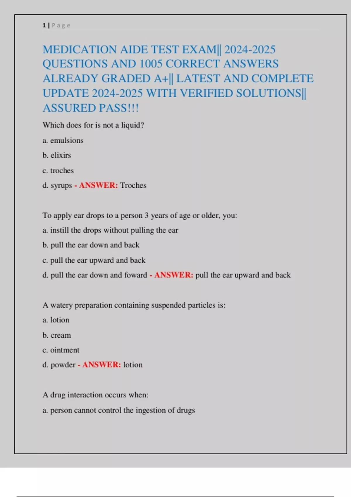 MEDICATION AIDE TEST EXAM|| QUESTIONS AND 1005 CORRECT ANSWERS ALREADY ...