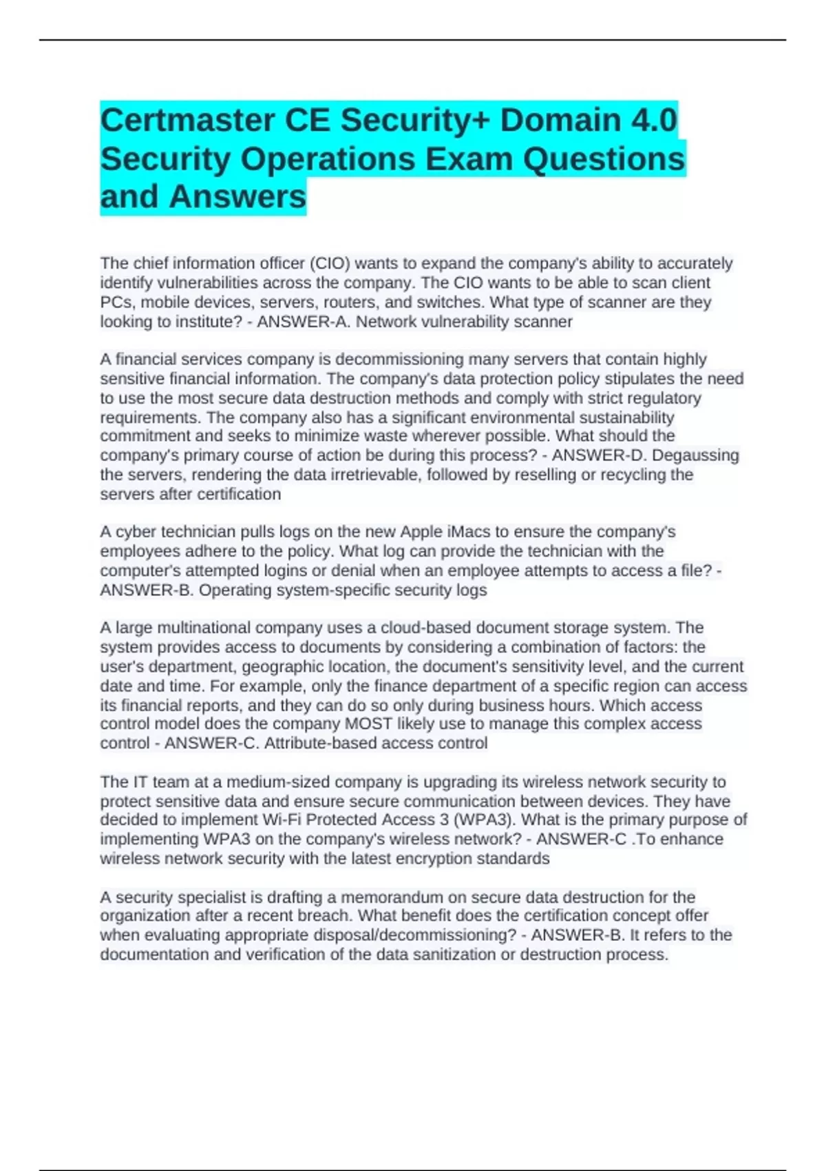 COMPTIA CERTMASTER CE SECURITY+ DOMAIN 4.0 SECURITY OPERATIONS ...