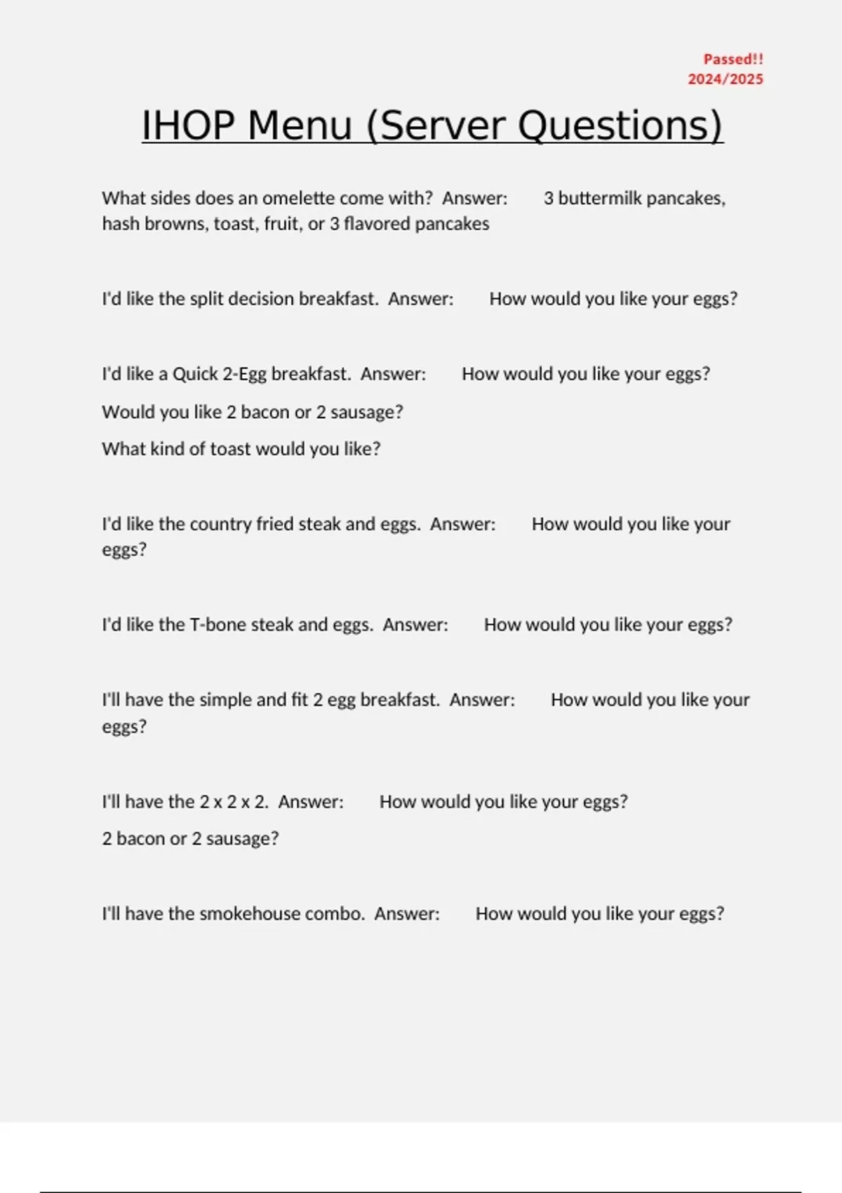 IHOP Menu (Server Questions) 2024/2025 With complete solutions latest ...