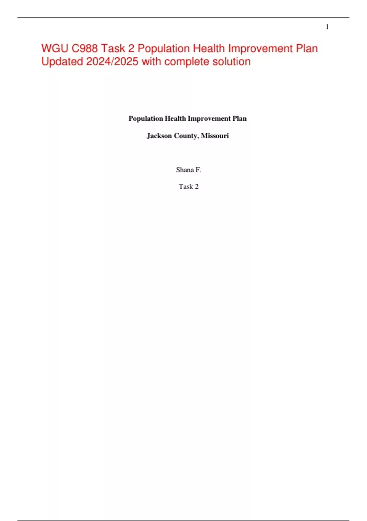 WGU C988 Task 2 Population Health Improvement Plan Updated 2024/2025 ...
