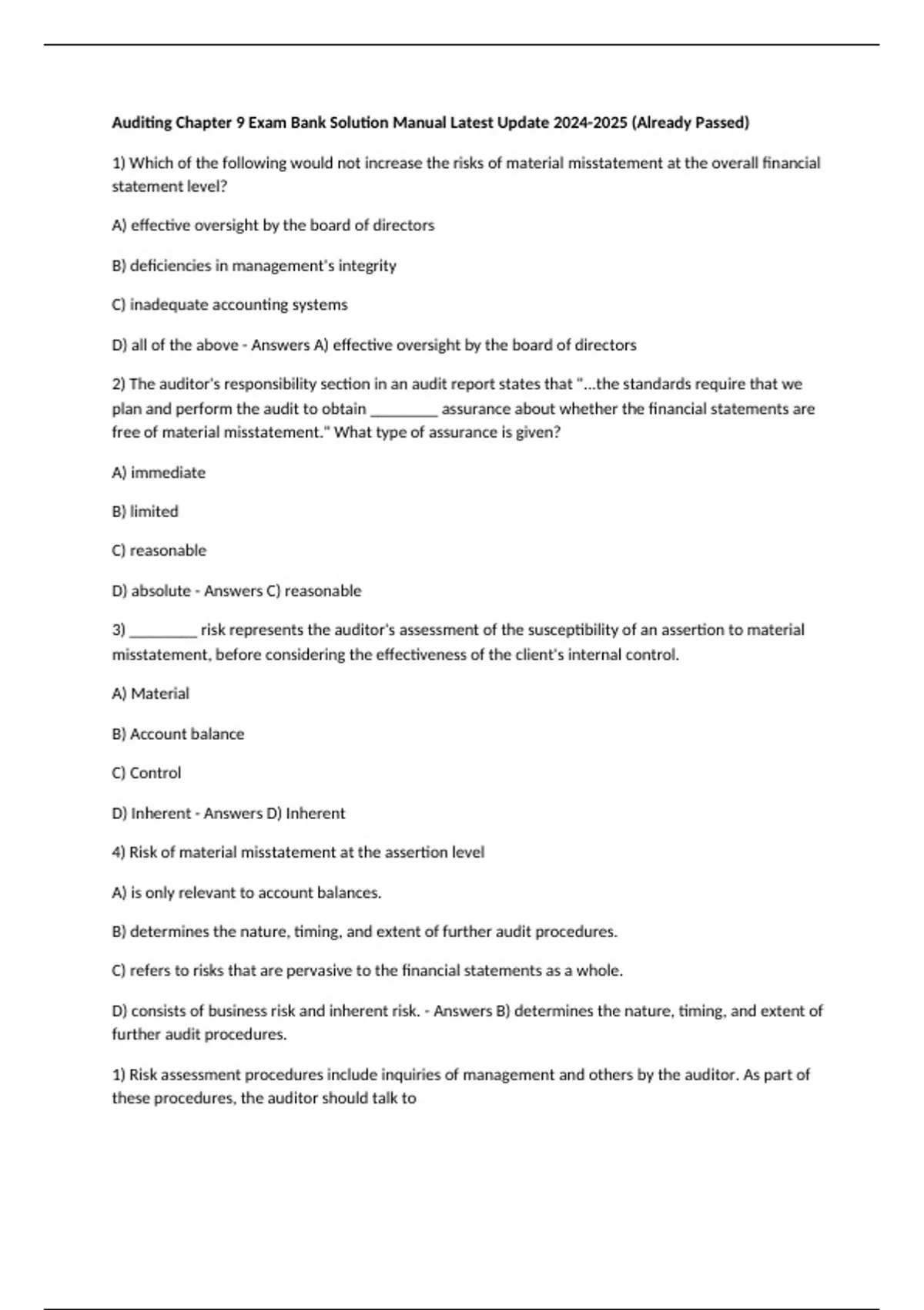 Auditing Chapter 9 Exam Bank Solution Manual Latest Update (Already ...