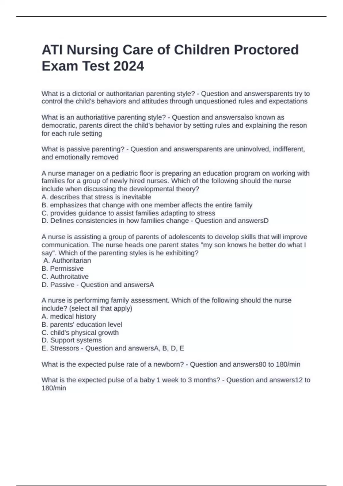 ATI Nursing Care of Children Proctored Exam Test 2024 with Questions ...