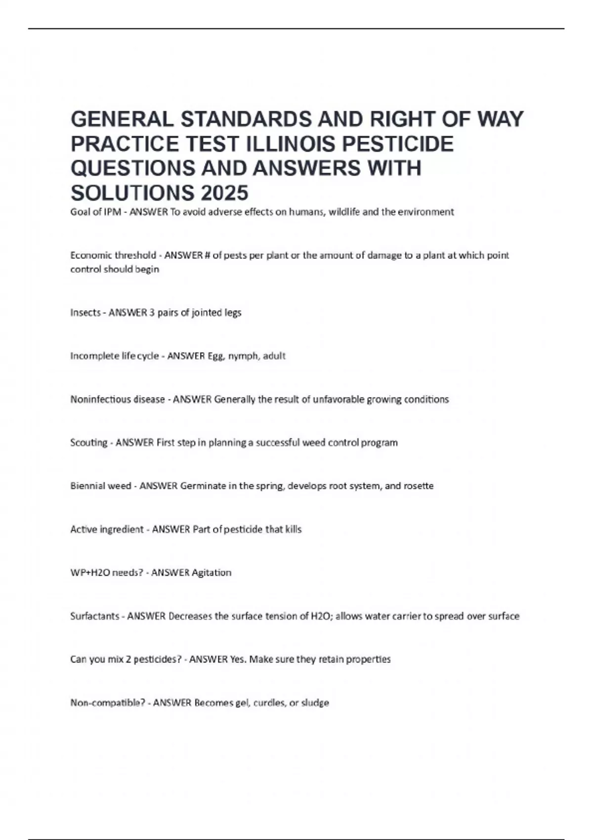 GENERAL STANDARDS AND RIGHT OF WAY PRACTICE TEST ILLINOIS PESTICIDE ...